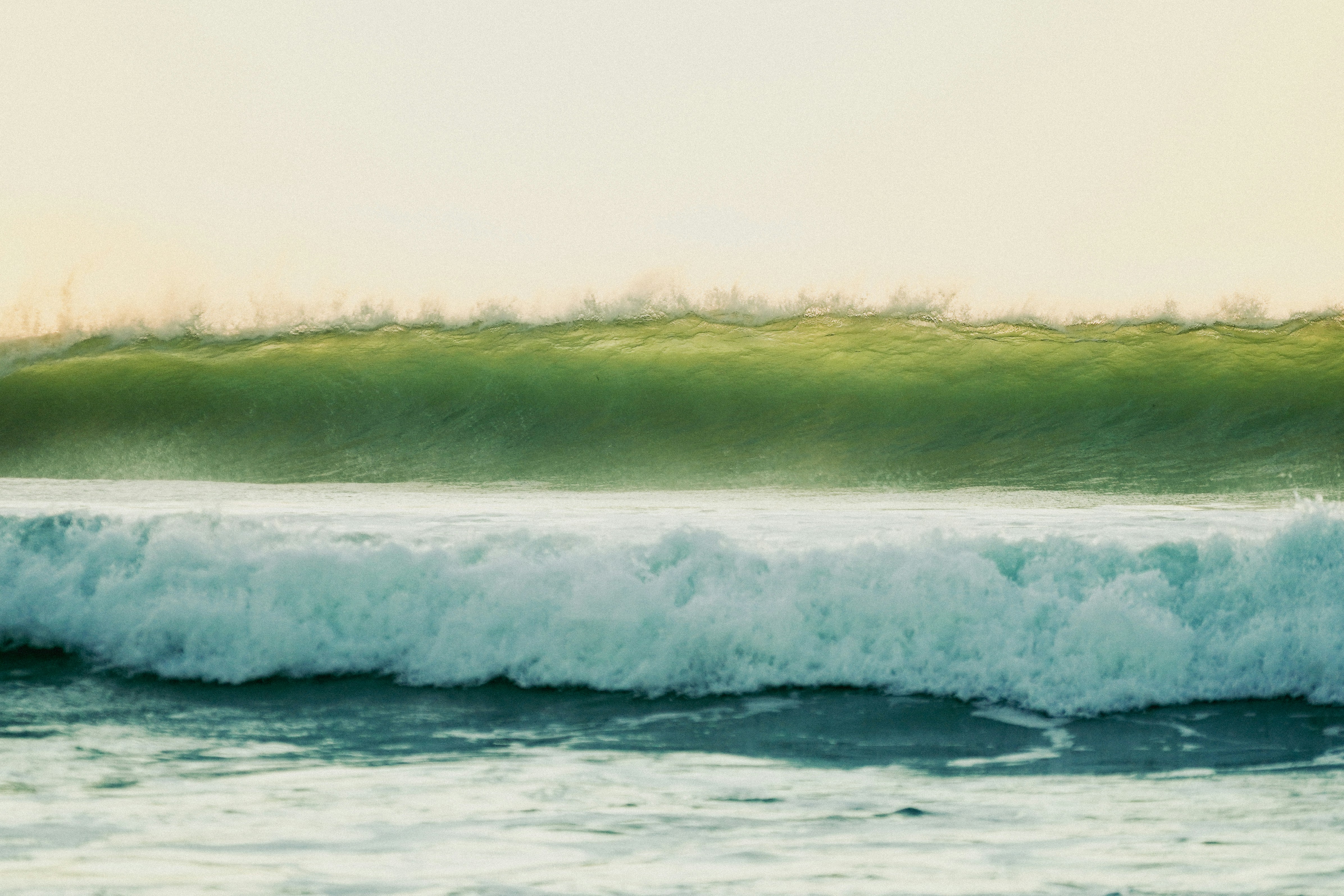 Surfer skillfully riding a wave under a soft, golden sky.
