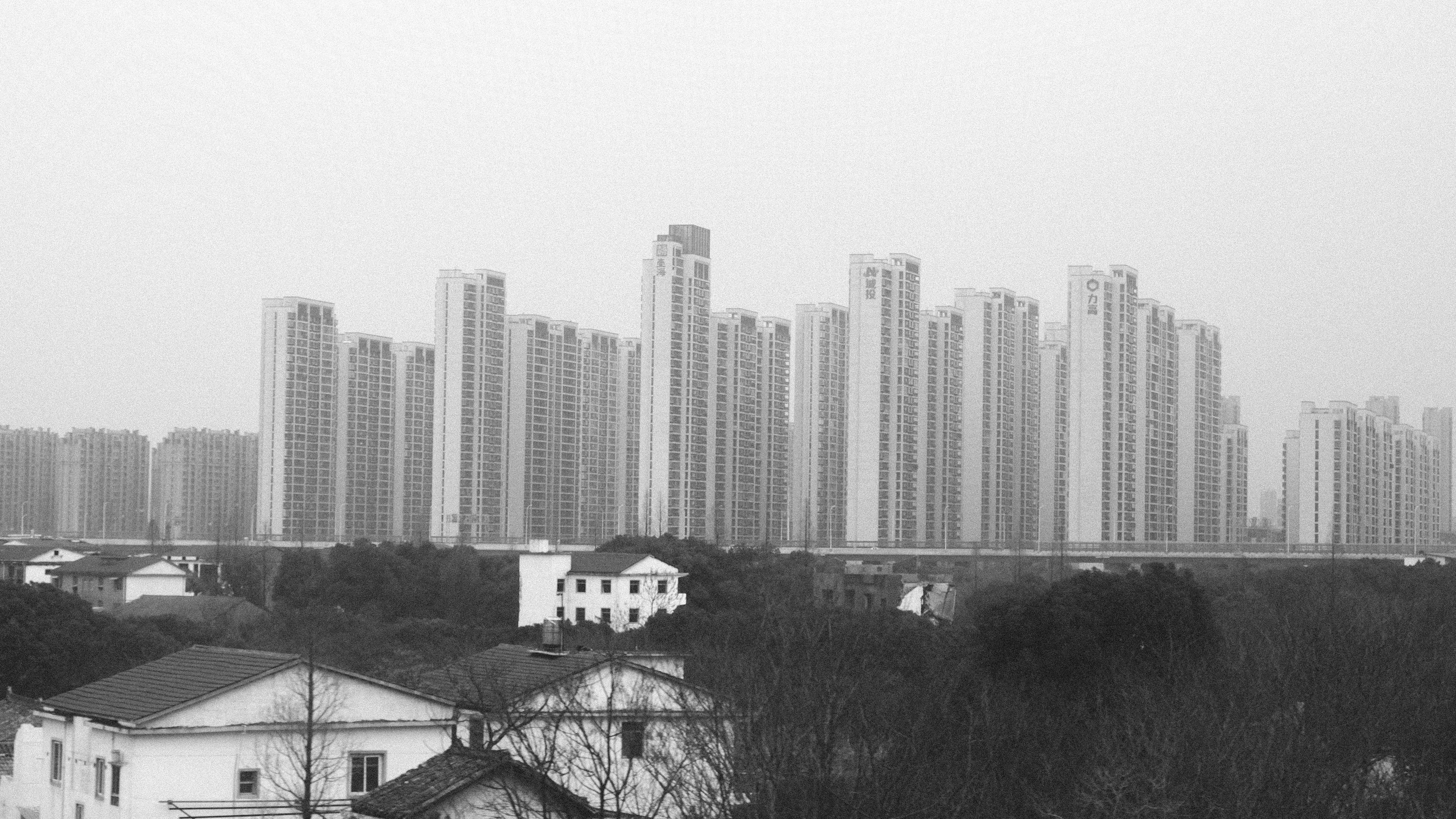 Monochrome Skyline: Towers Rise Behind a Quiet Suburban Edge