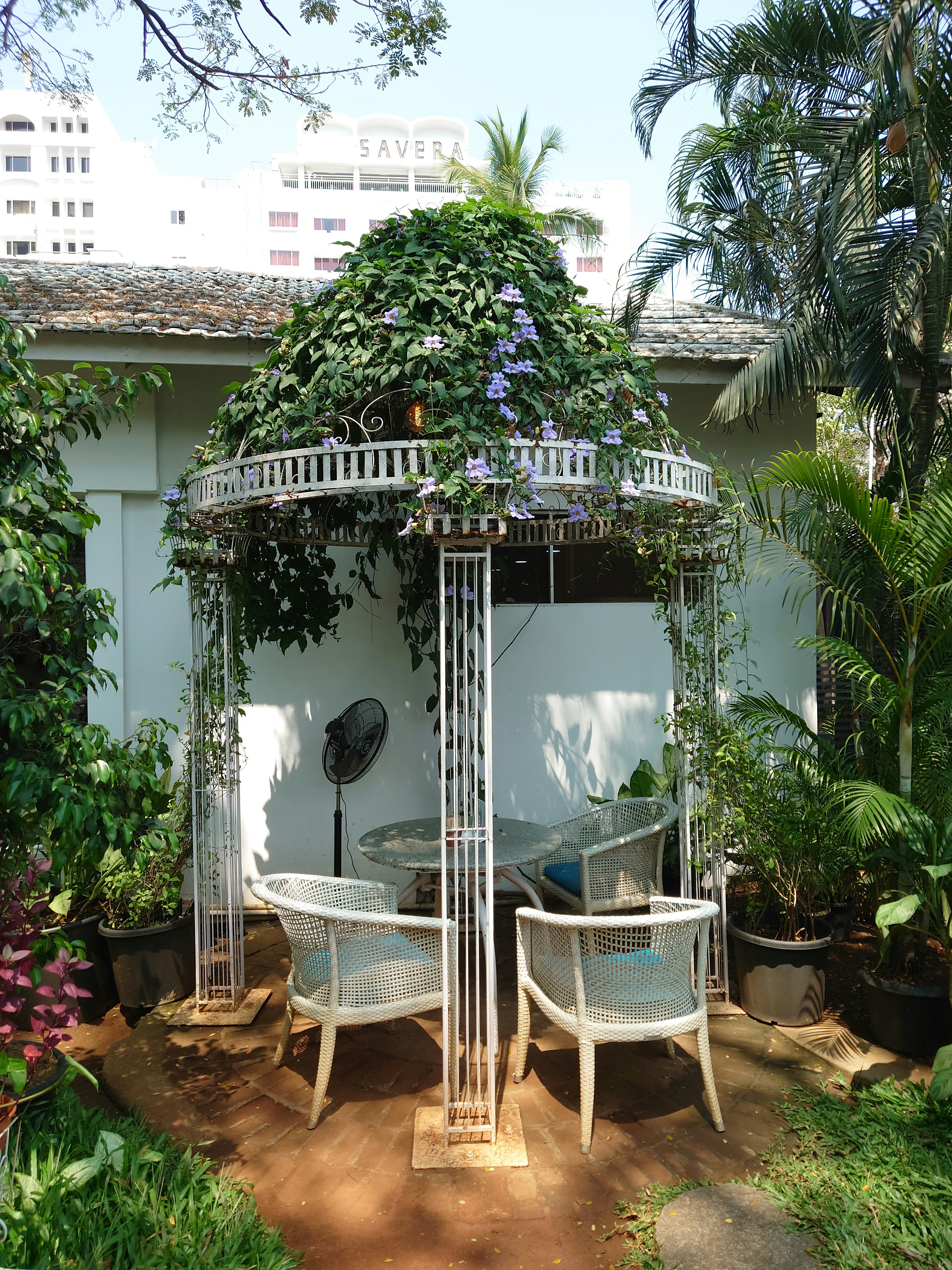 A charming gazebo adorned with lush greenery and delicate flowers, surrounded by vibrant plants, creating a tranquil outdoor retreat.
