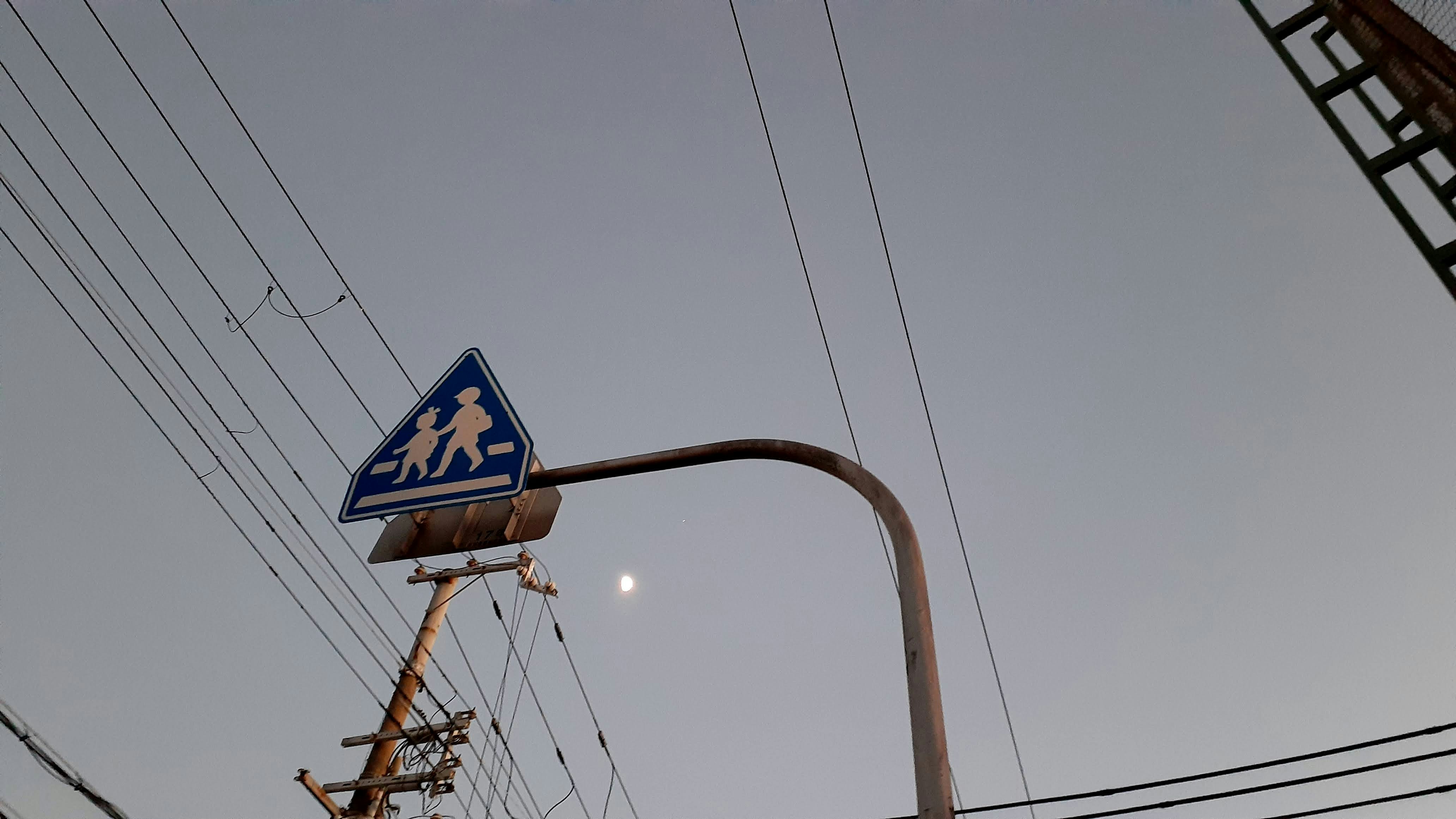 Pedestrian crossing sign silhouetted against a twilight sky, with the moon subtly visible above. Power lines crisscross the scene.