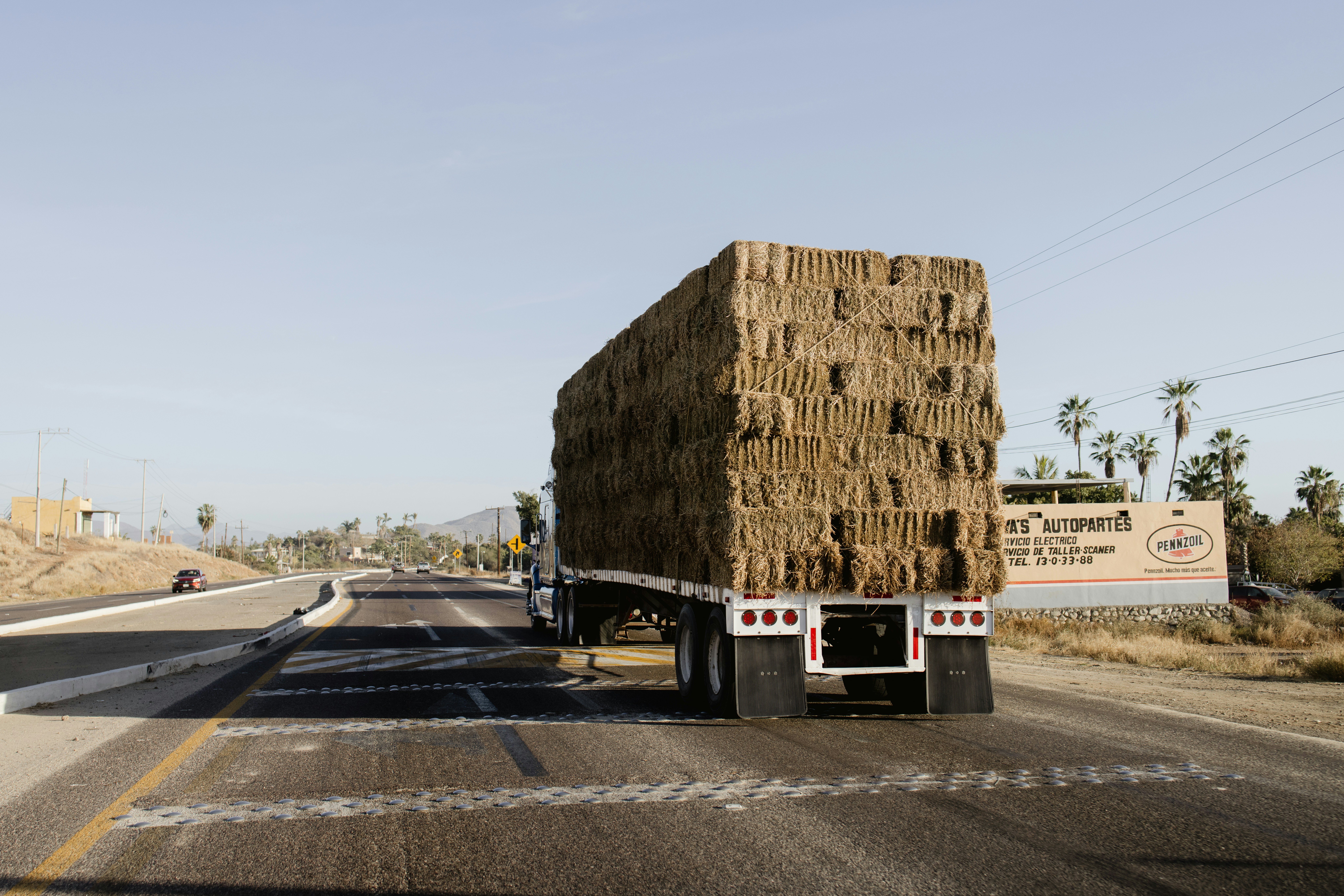 A large truck loaded with neatly stacked hay bales travels along a sunlit highway, framed by palm trees in the background.