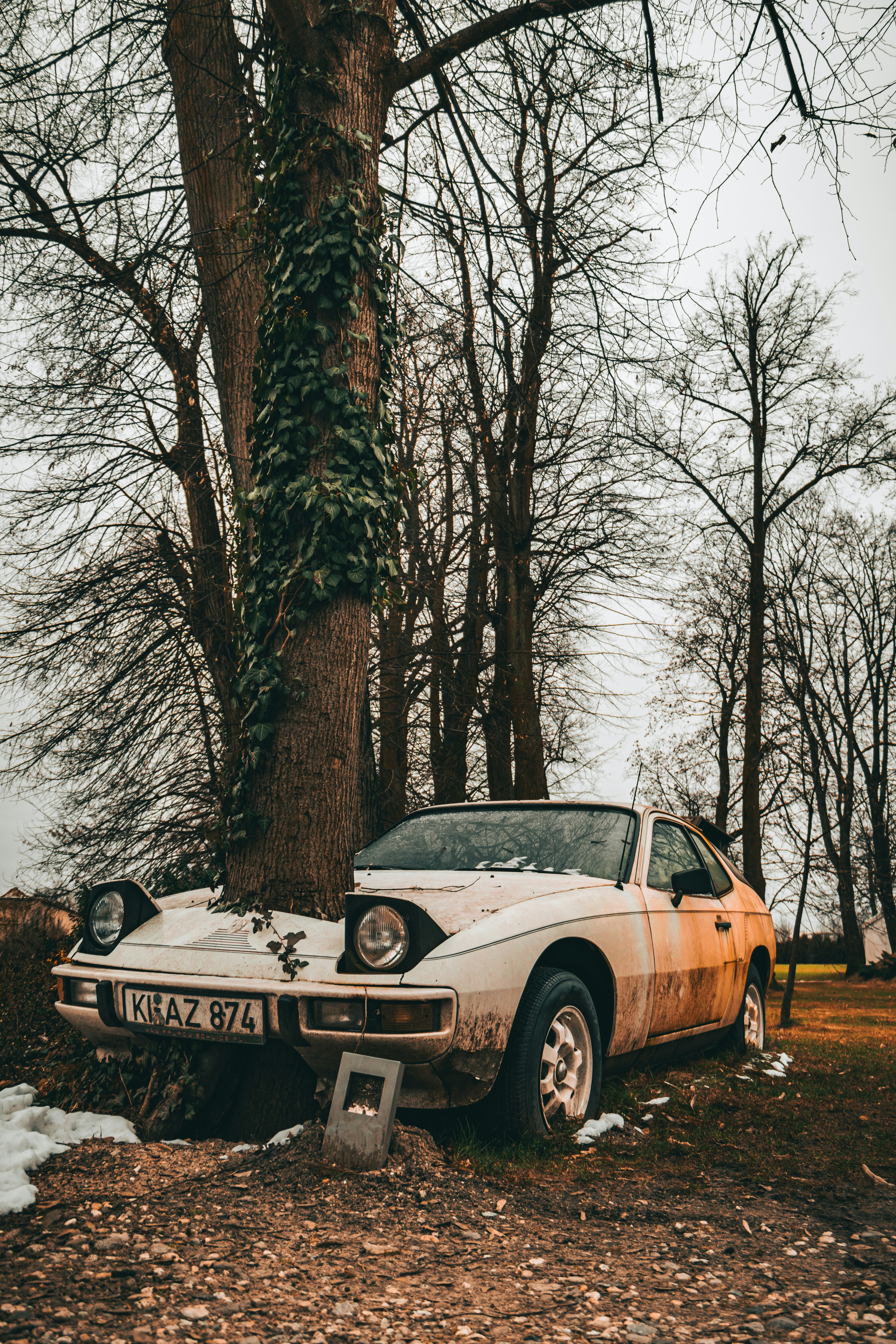 Winter's Grime: A Classic Car Resting Against a Leafless Forest