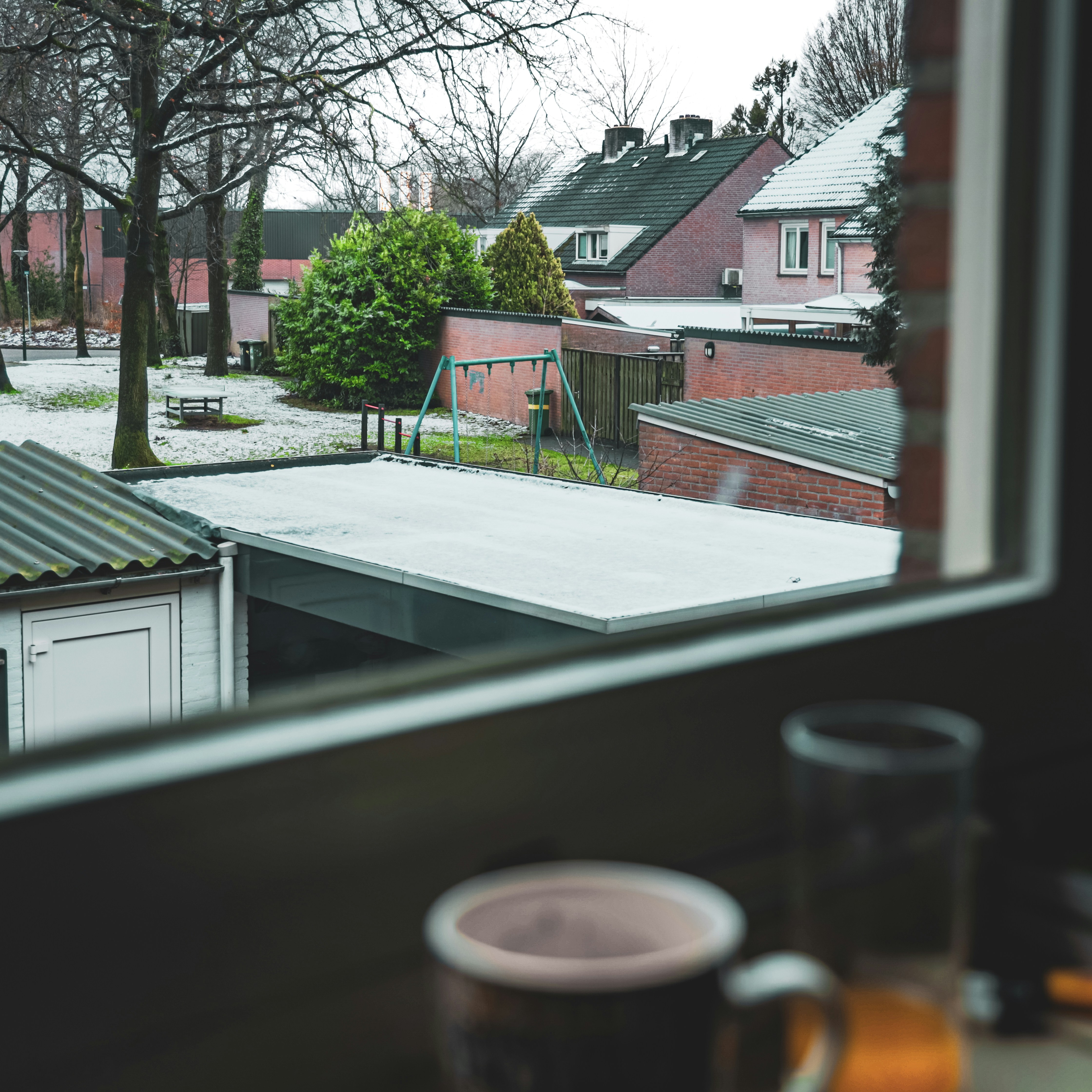 In the picture, we can see a beautiful view from inside a house, as the camera or photographer captures the exterior scene. A lively houseplant can be seen on the windowsill, with a neighborhood of houses and a park surrounded by very tall trees visible outside. A part of a neighbor's garage and a few smaller green trees can also be seen, covered by a fresh layer of snow that has just fallen. The photo was taken with the idea of representing the Spring snow in the Netherlands, as the season is Spring and this snowfall is somewhat exceptional. It gives a glimpse of what Spring looks like in th