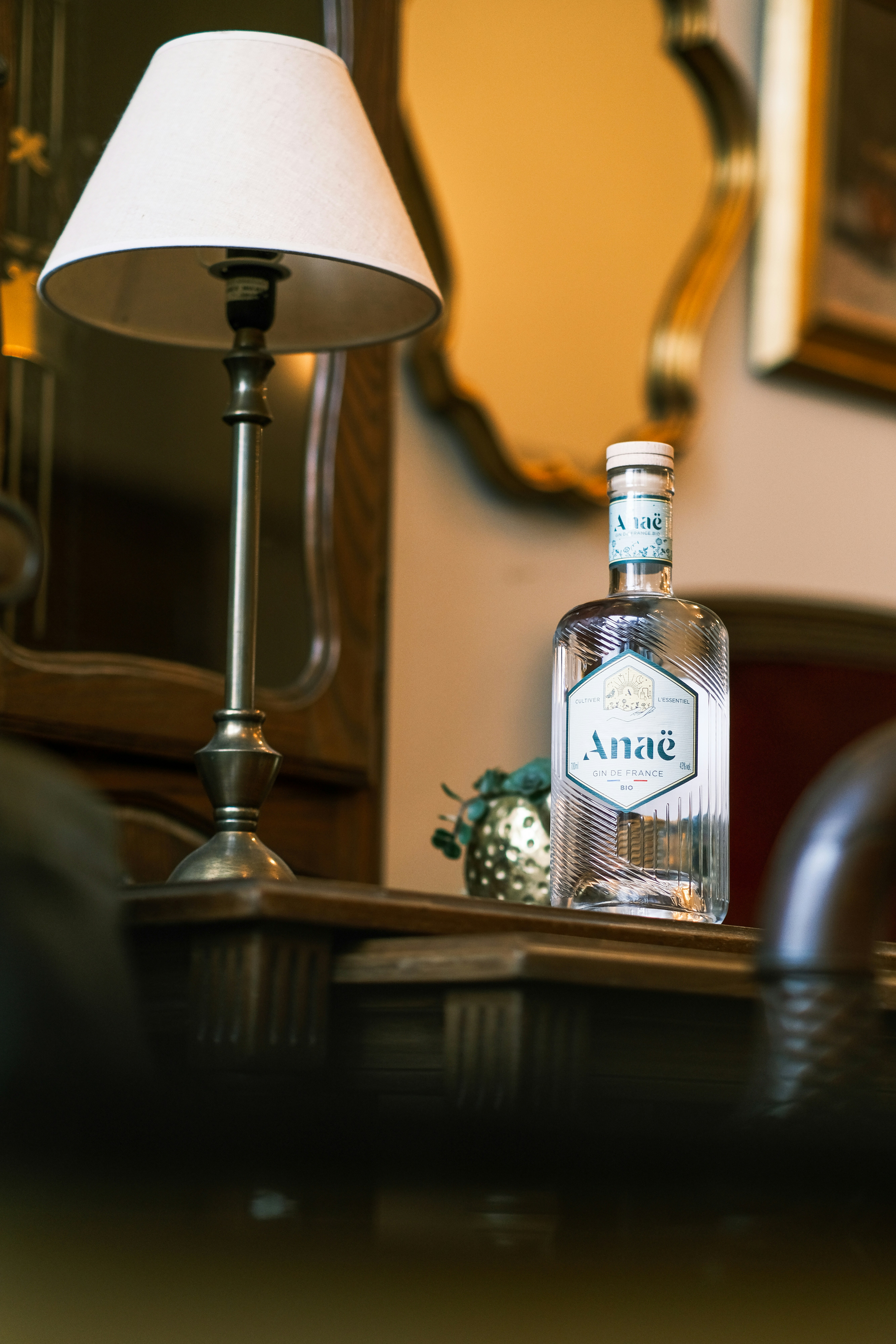 A bottle of alcohol sitting on a table next to a lamp photo – Free Gin ...