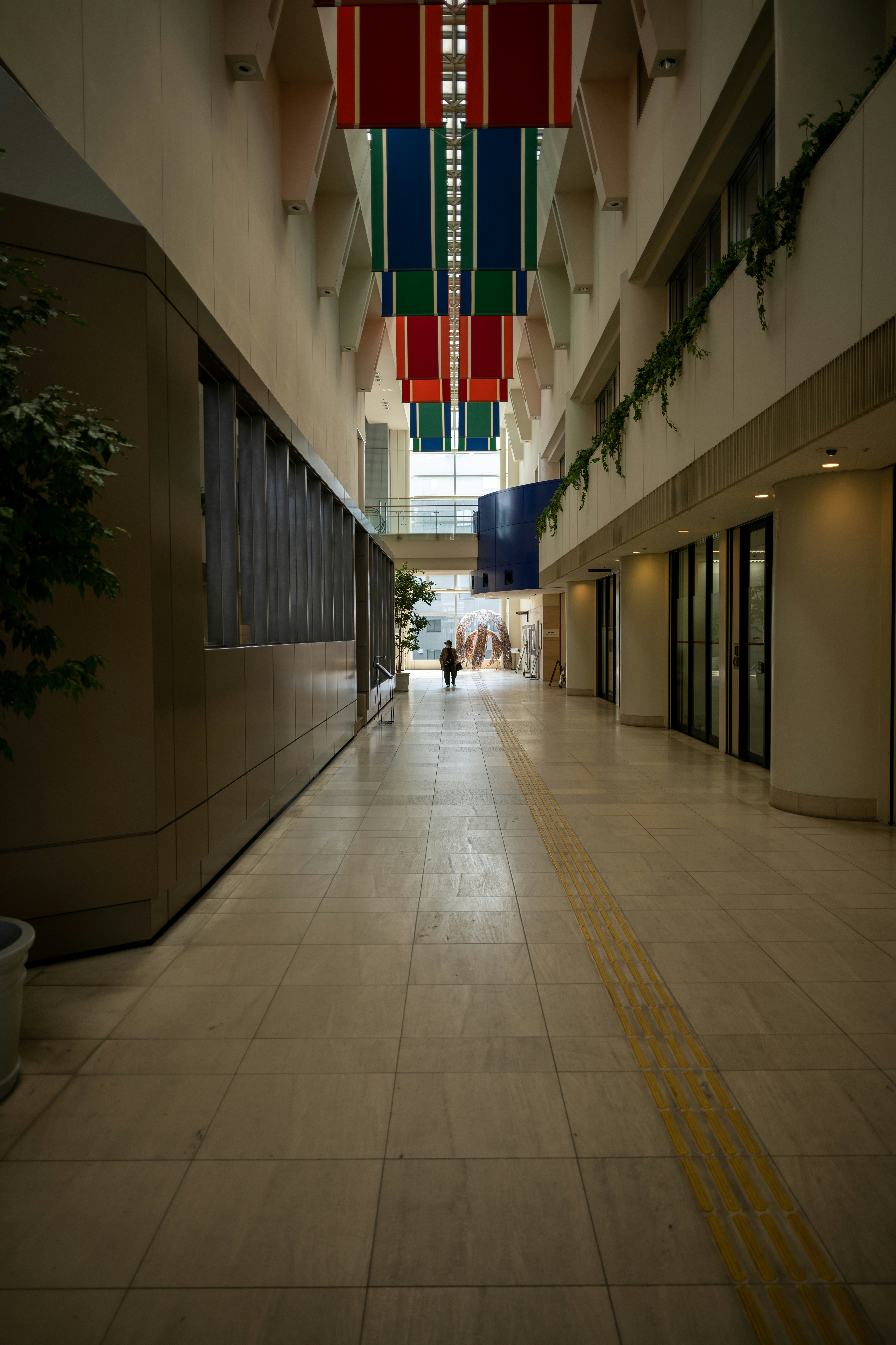 a long hallway with a person walking down the middle of it