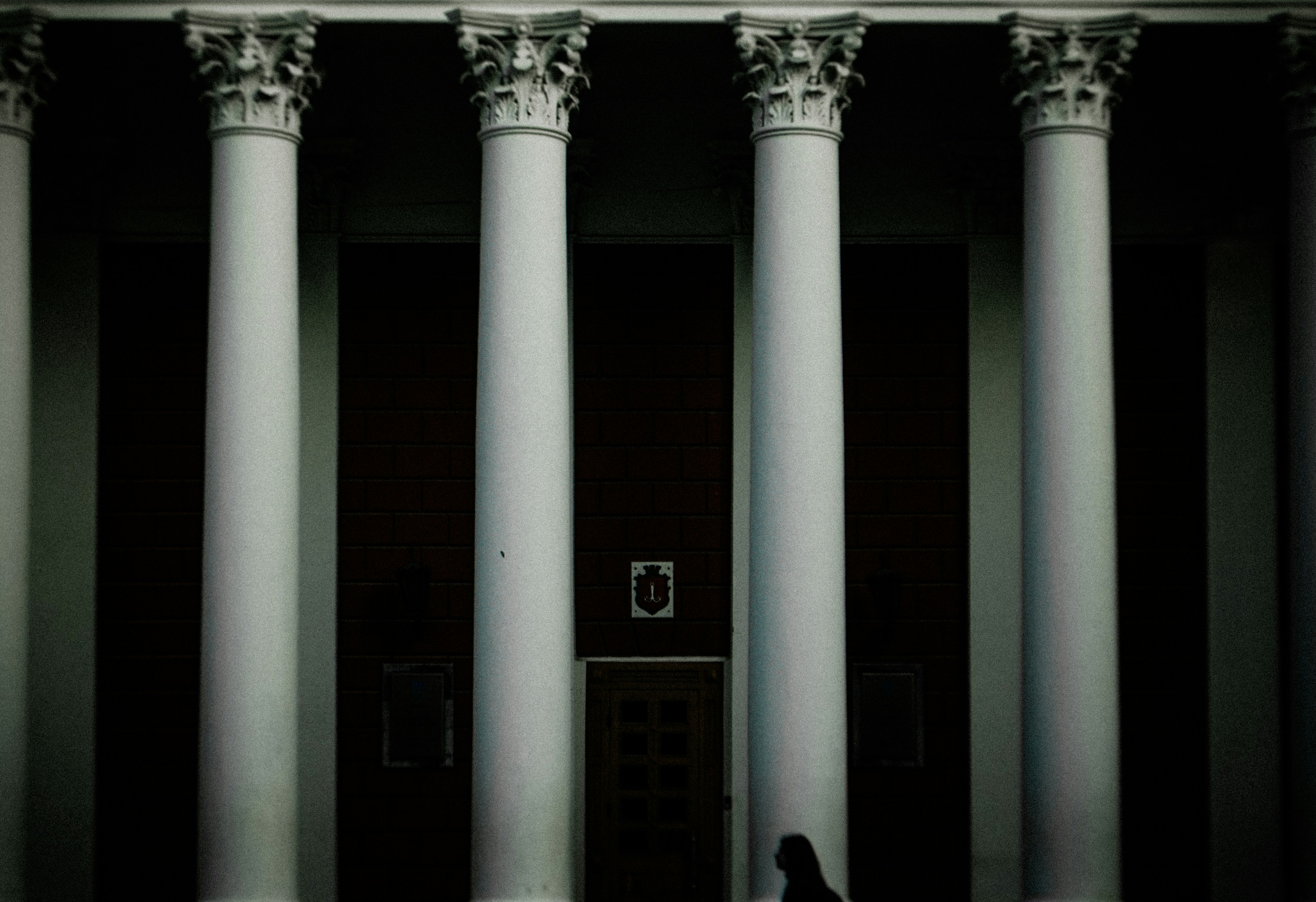 A person standing in front of a building with columns photo – Free ...