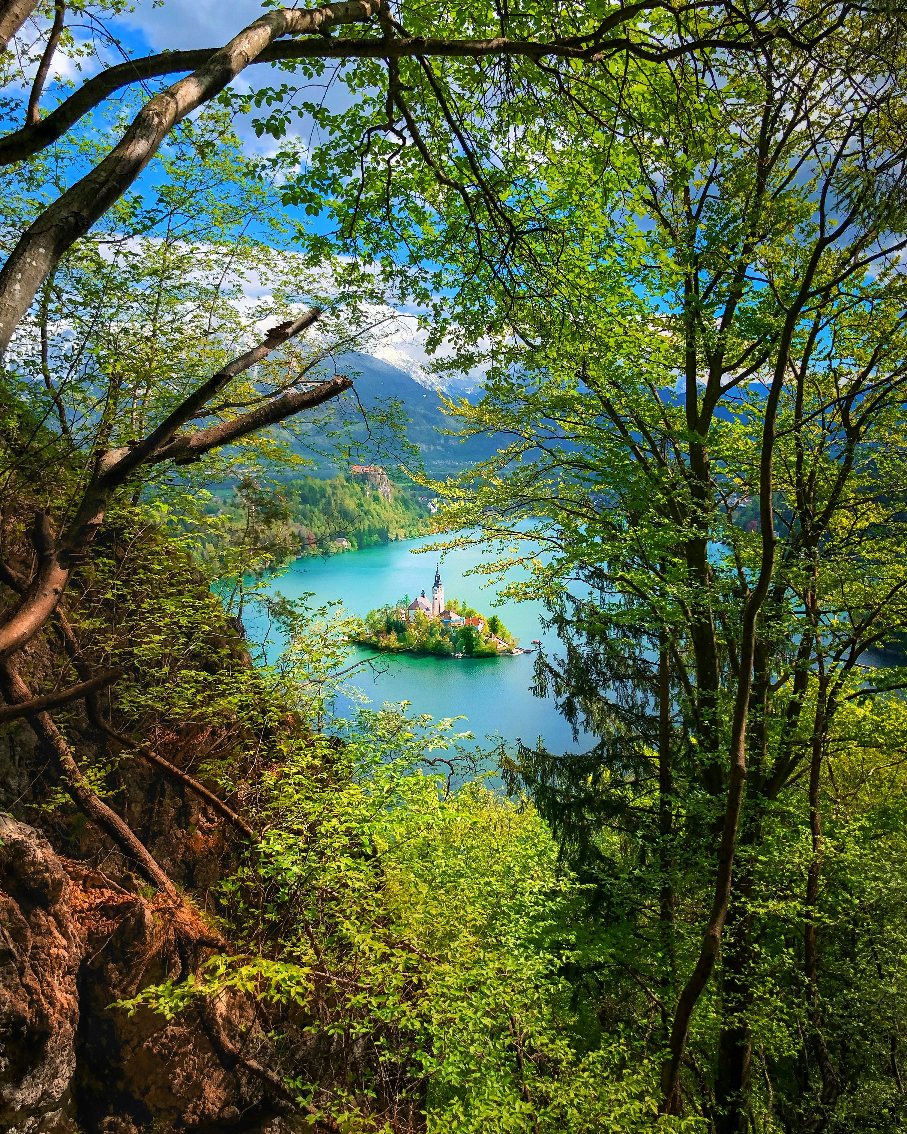 A picturesque island with a charming castle nestled in a tranquil lake, surrounded by lush greenery and distant mountains.