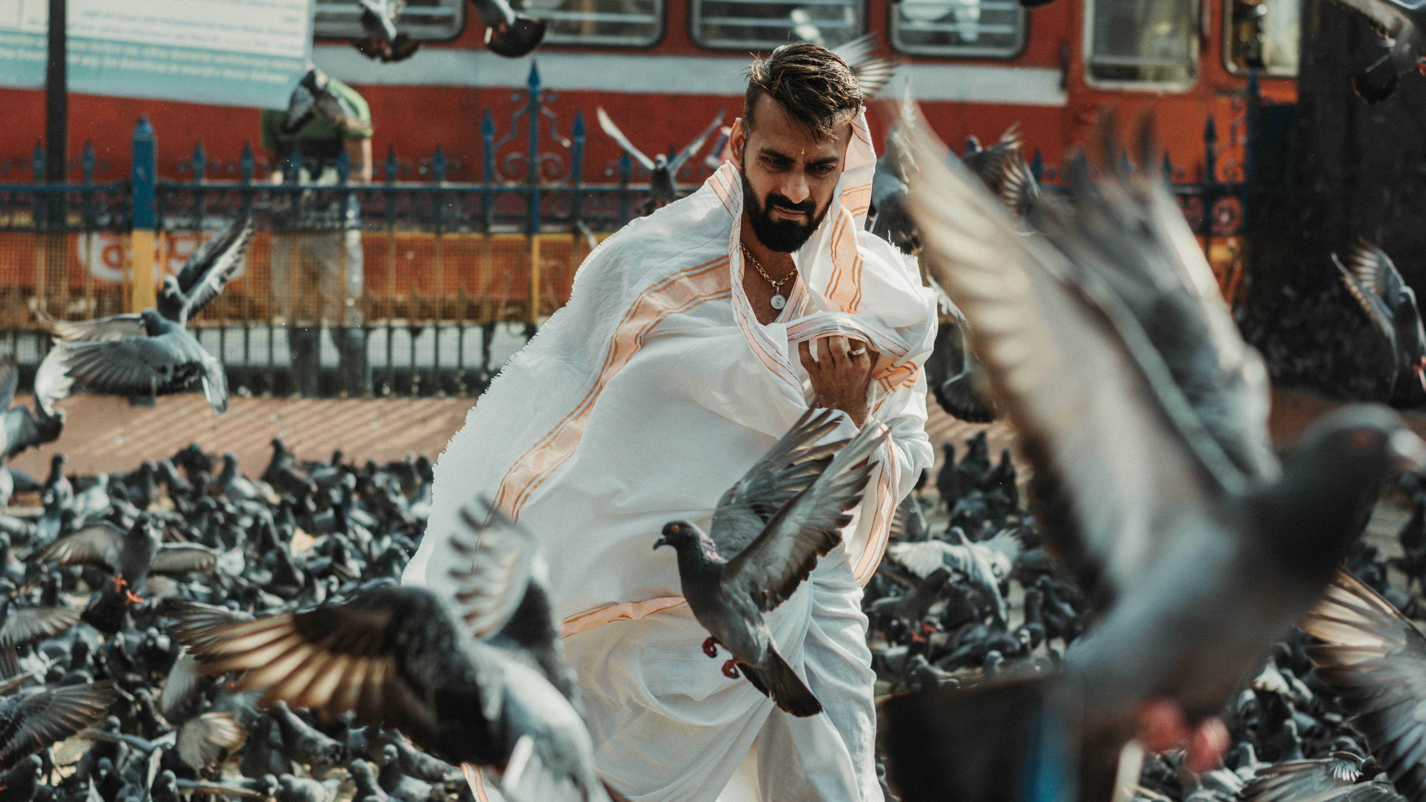 man walking away after feeding pigeons