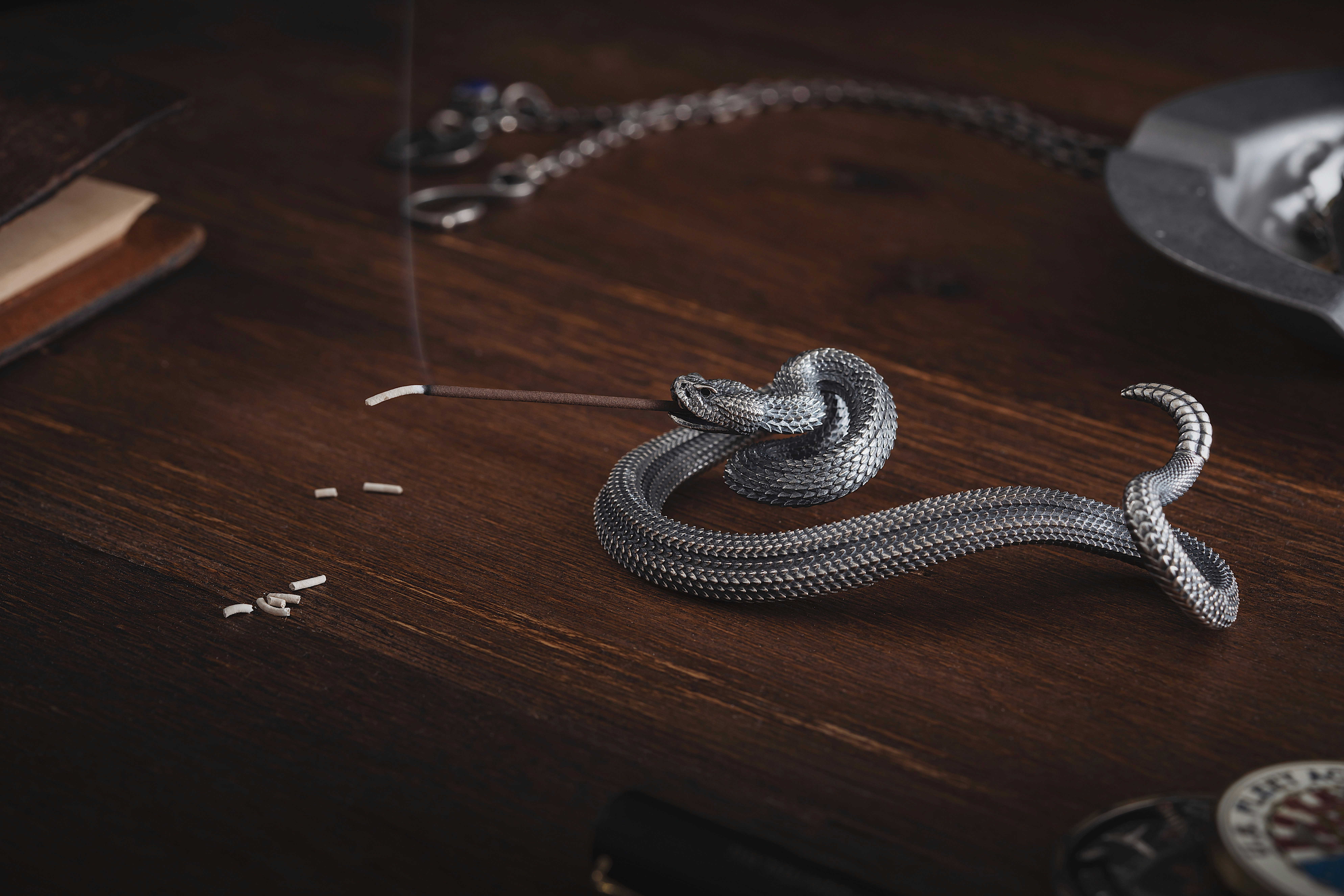 A snake on a table with a knife and other items photo – Free Screw ...