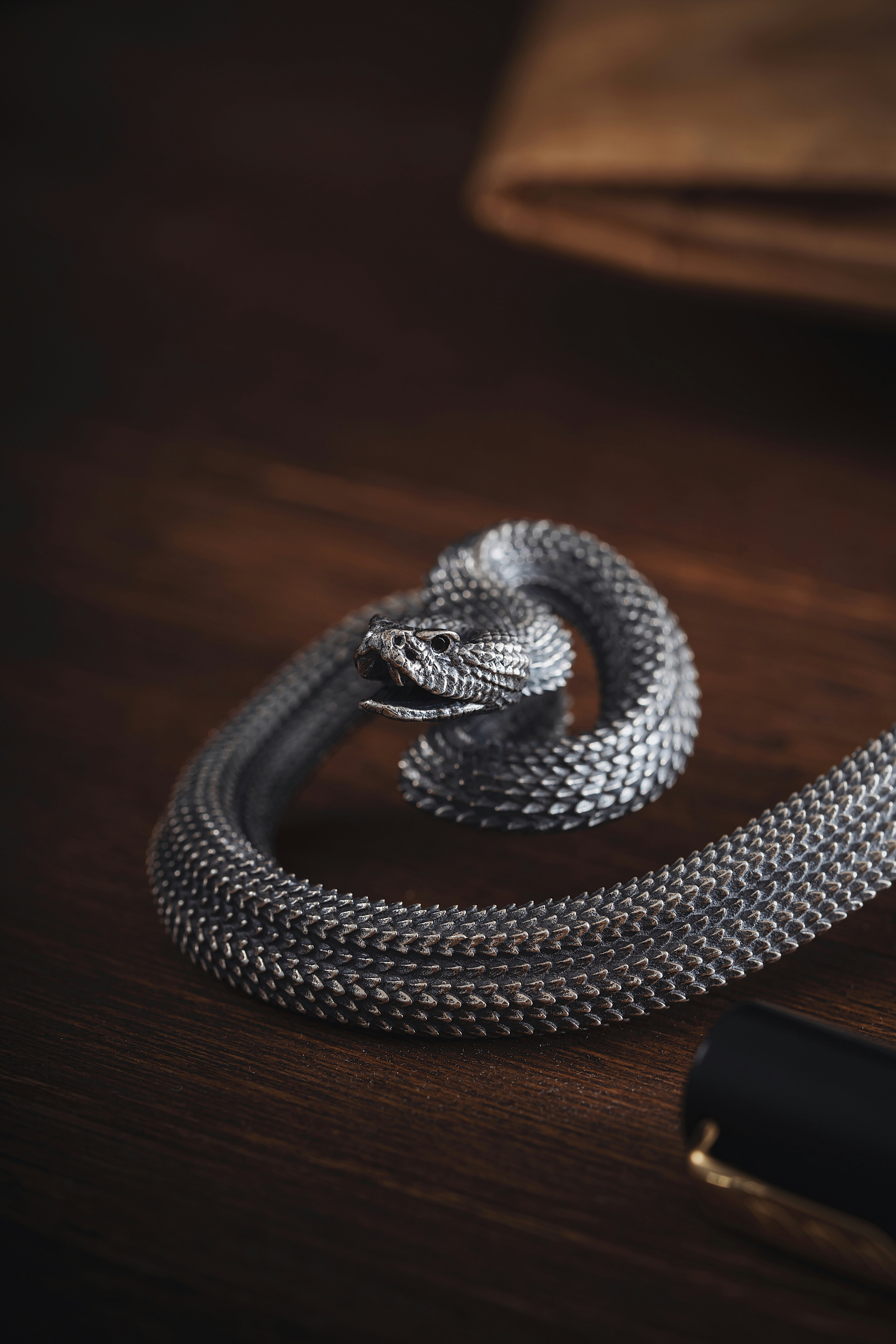 A silver snake on a table next to a pen photo – Free Animal Image on ...