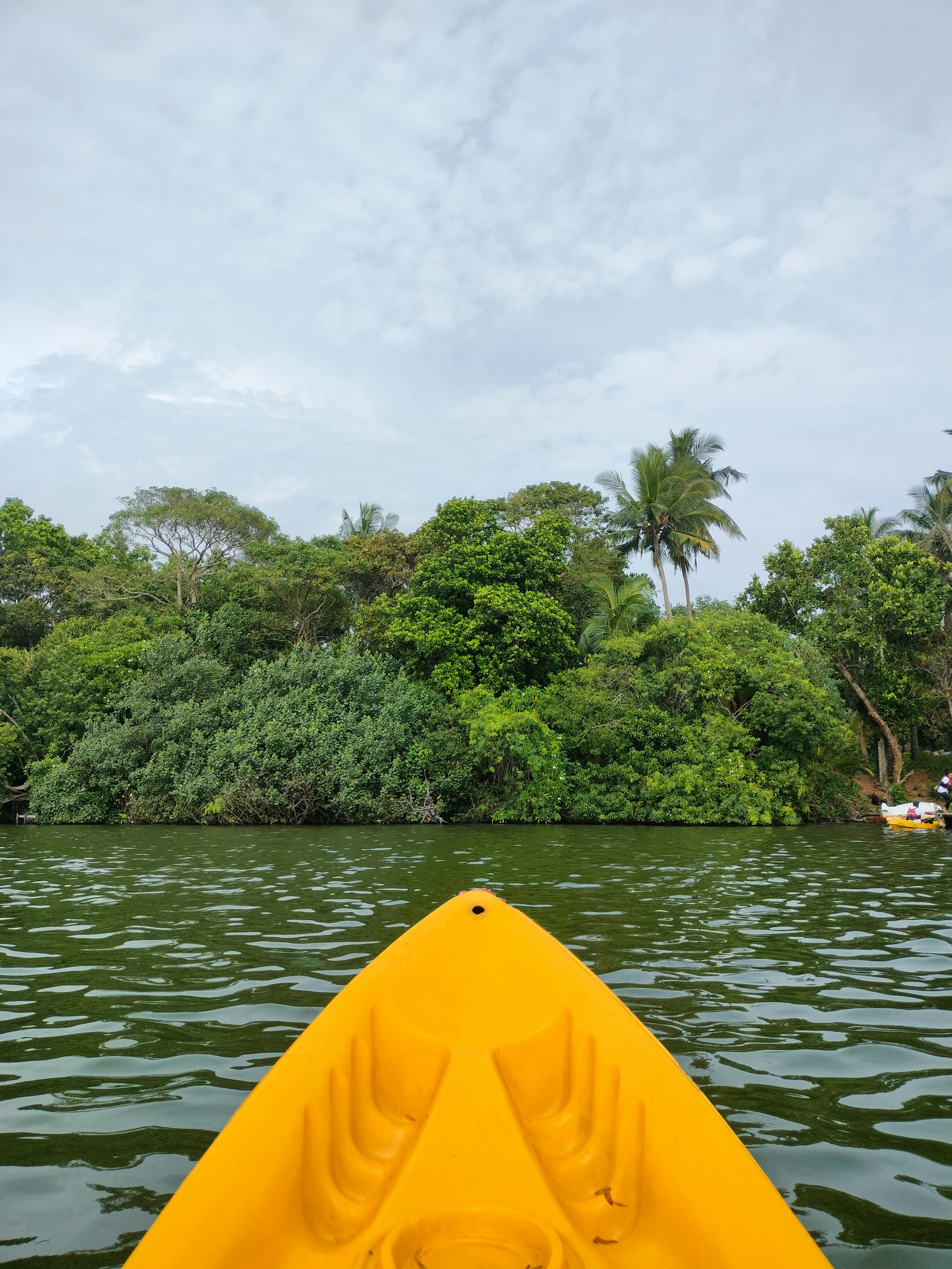 a yellow kayak is in the middle of a body of water