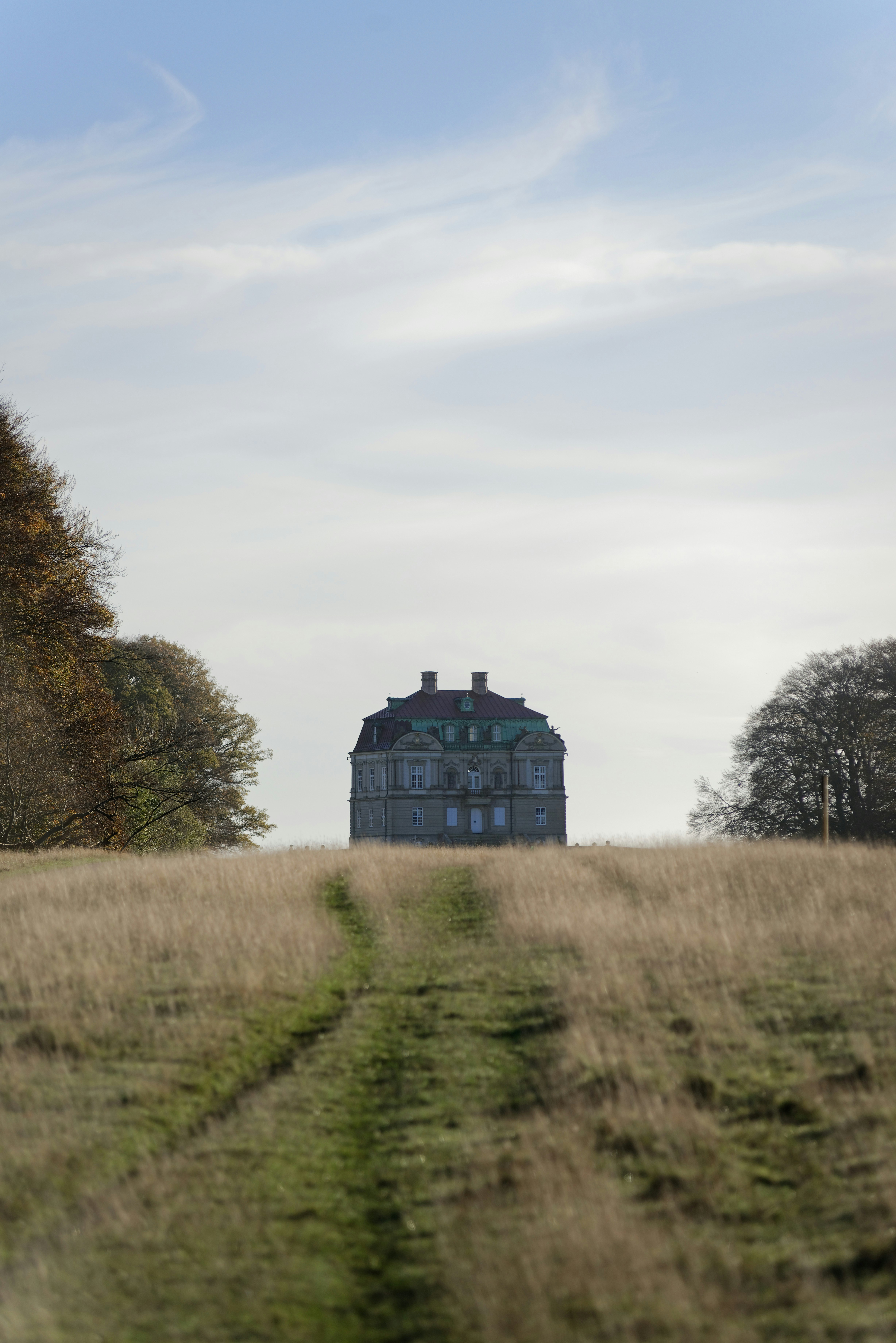Solitary manor on a hill: a distant gaze toward a pale horizon