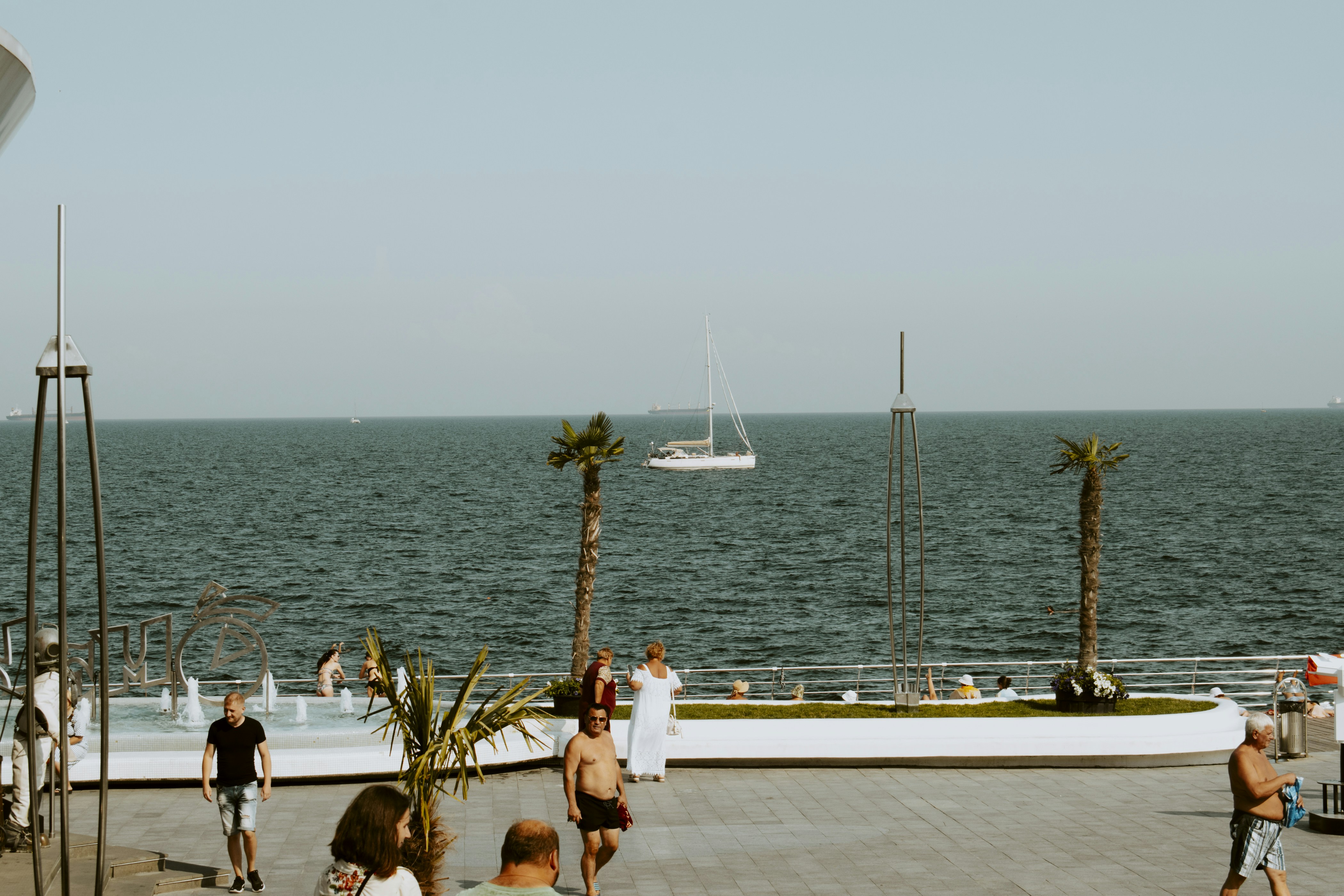 Quiet Coastal Promenade: Palm Trees Framing a Sailboat on Calm Waters
