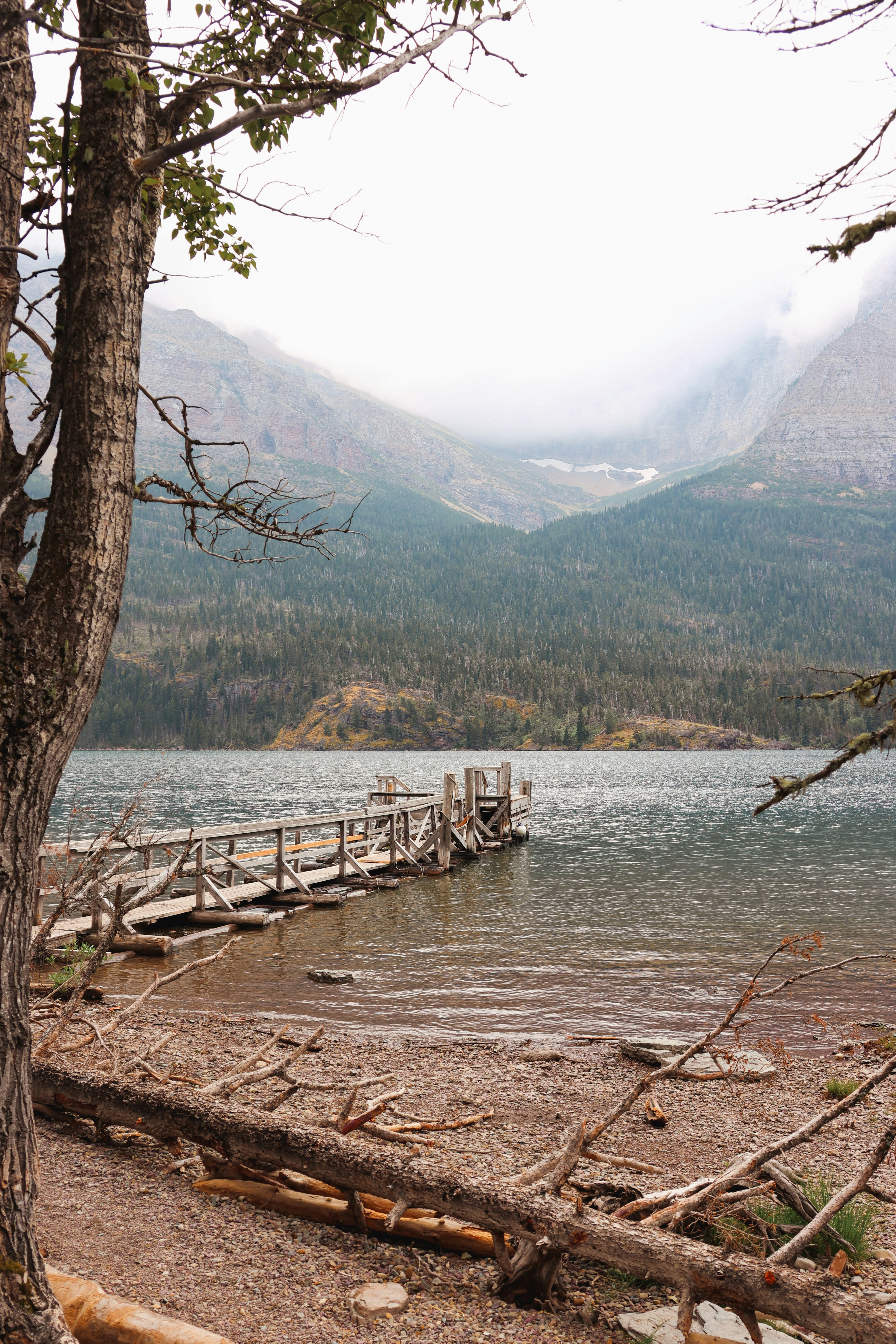 Mist-Laced Alpine Dock Reaching a Quiet Lake