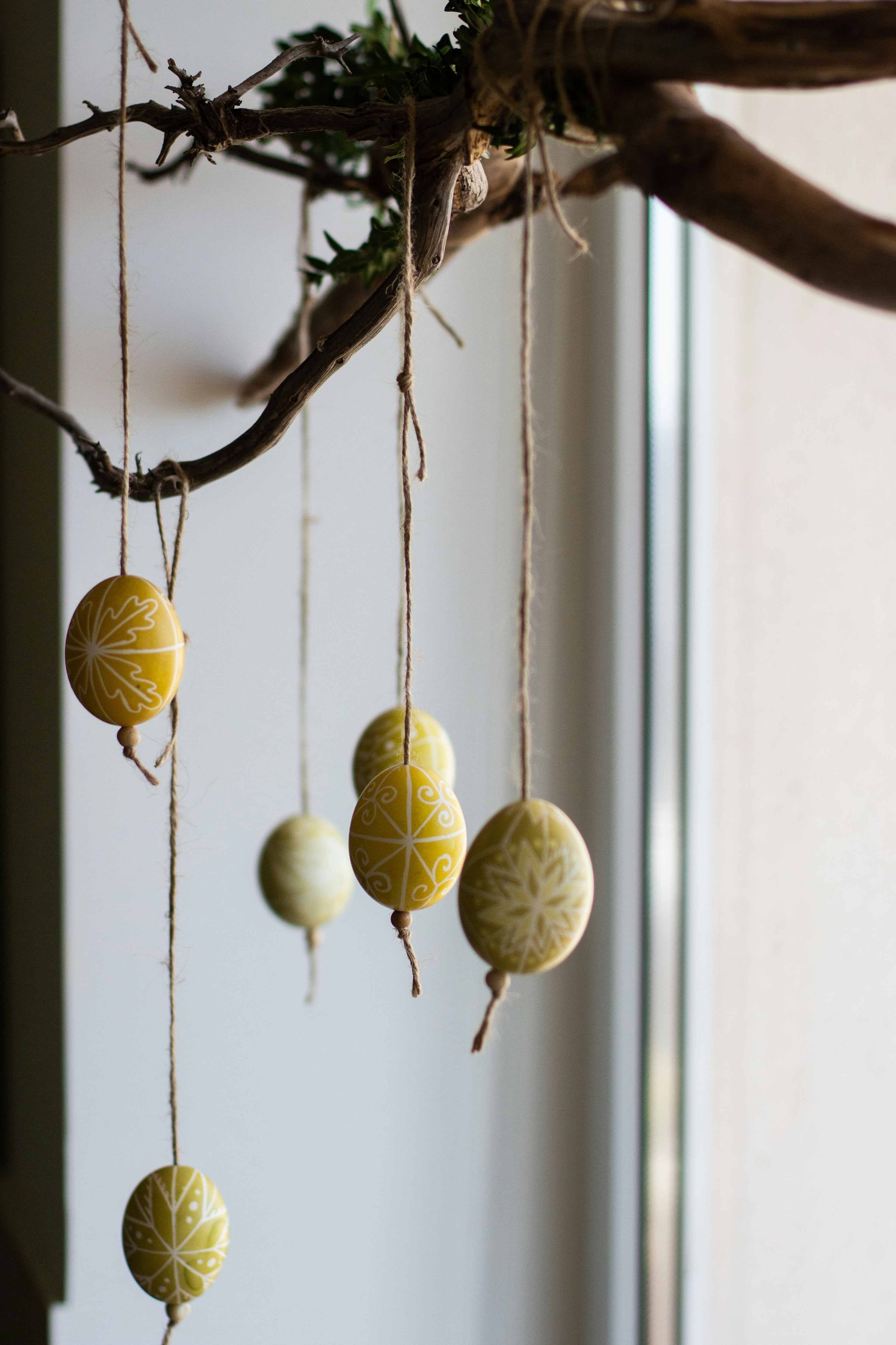 a group of ornaments hanging from a tree branch