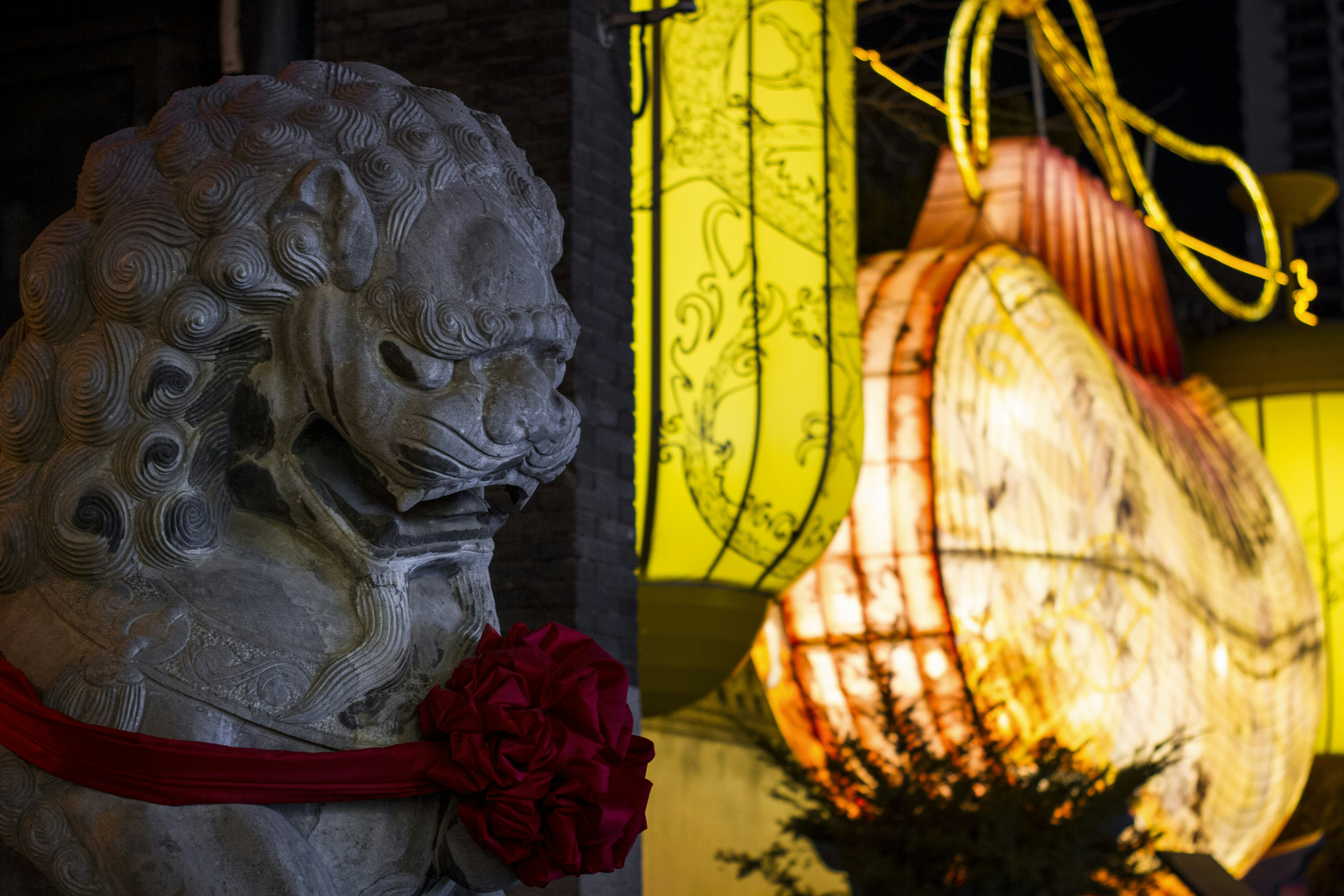 Stone Guardian in a Lantern-lit Night Market