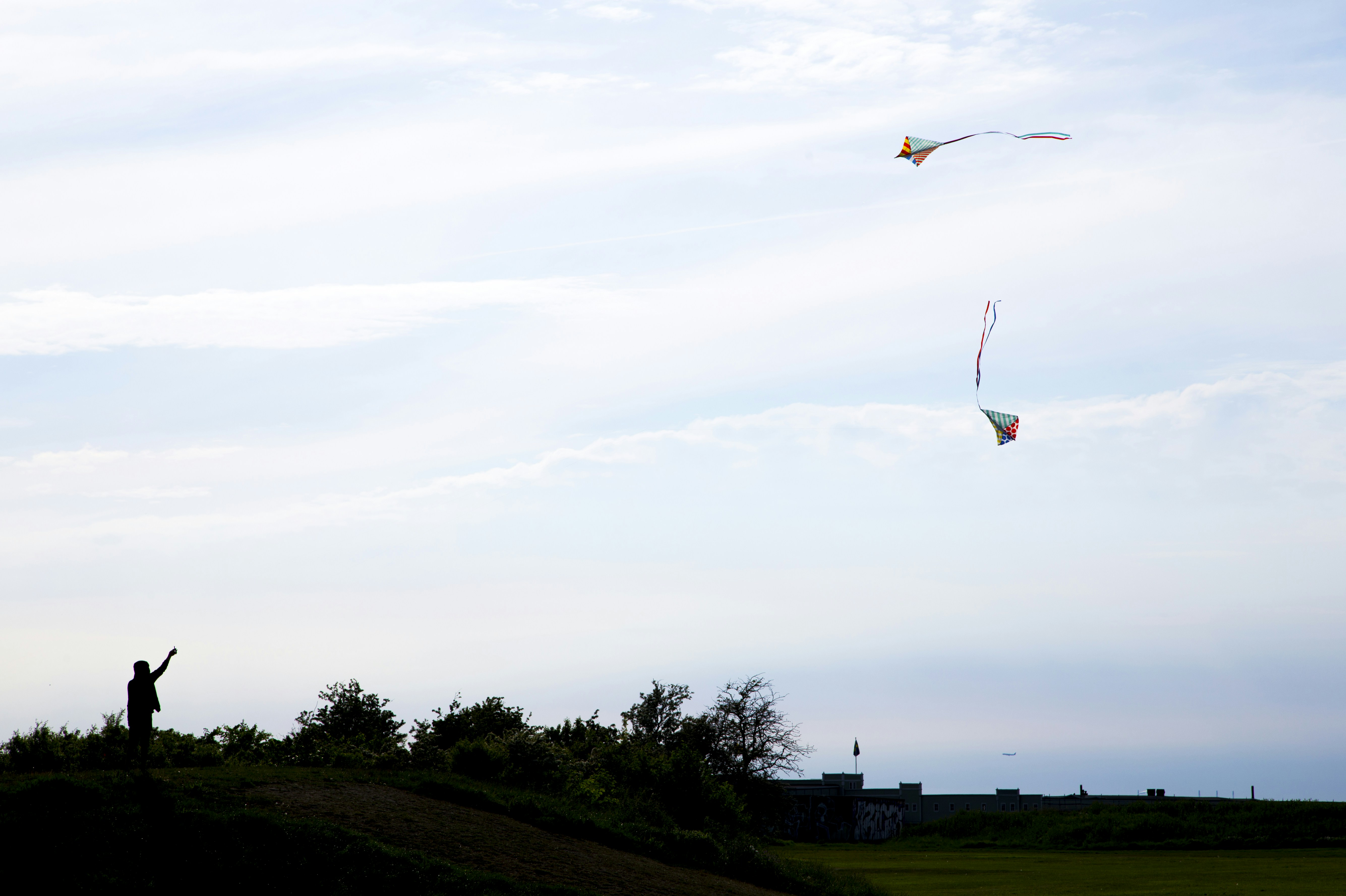 a person flying a kite in a field