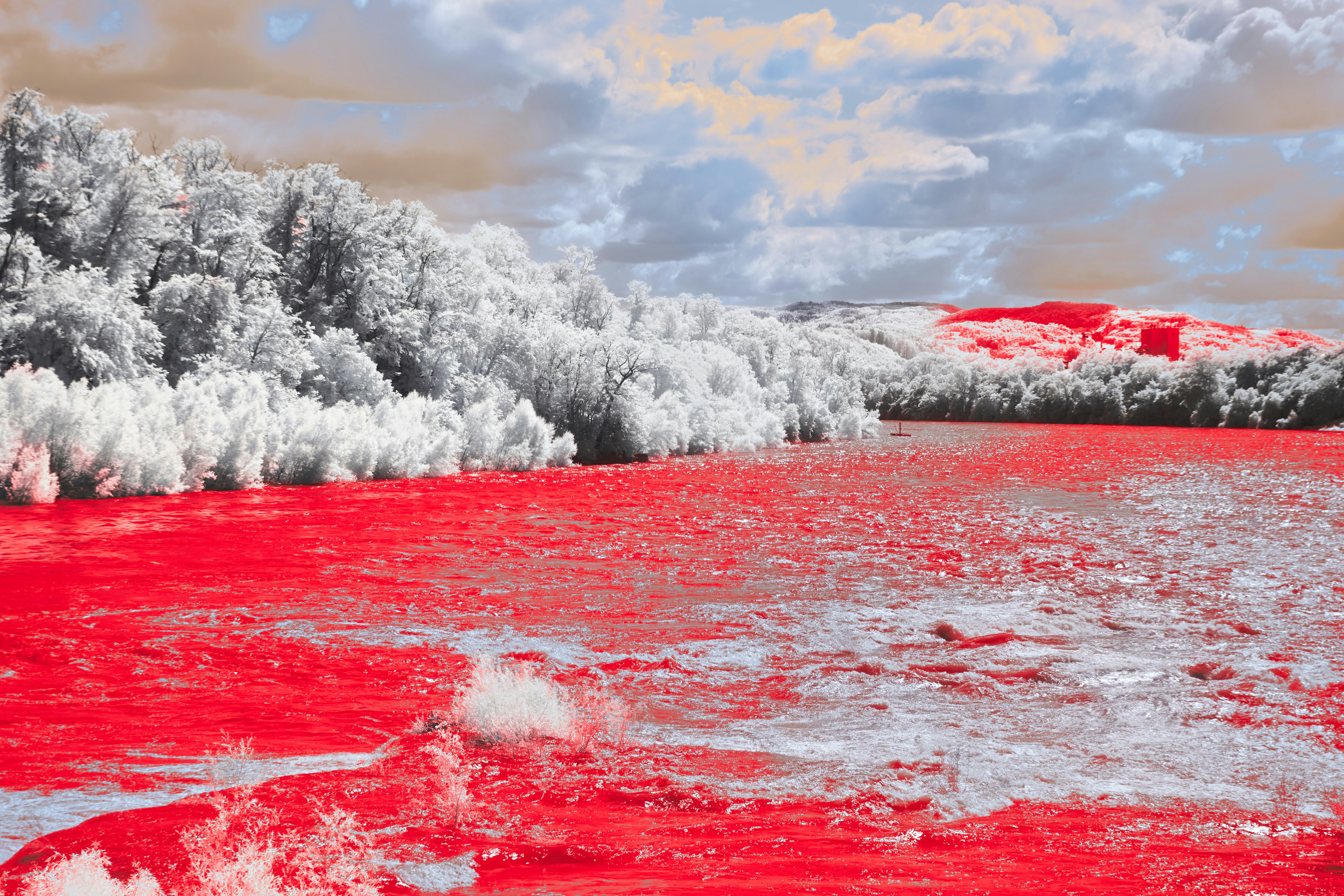 A red river with trees and clouds in the background photo – Free Nature ...