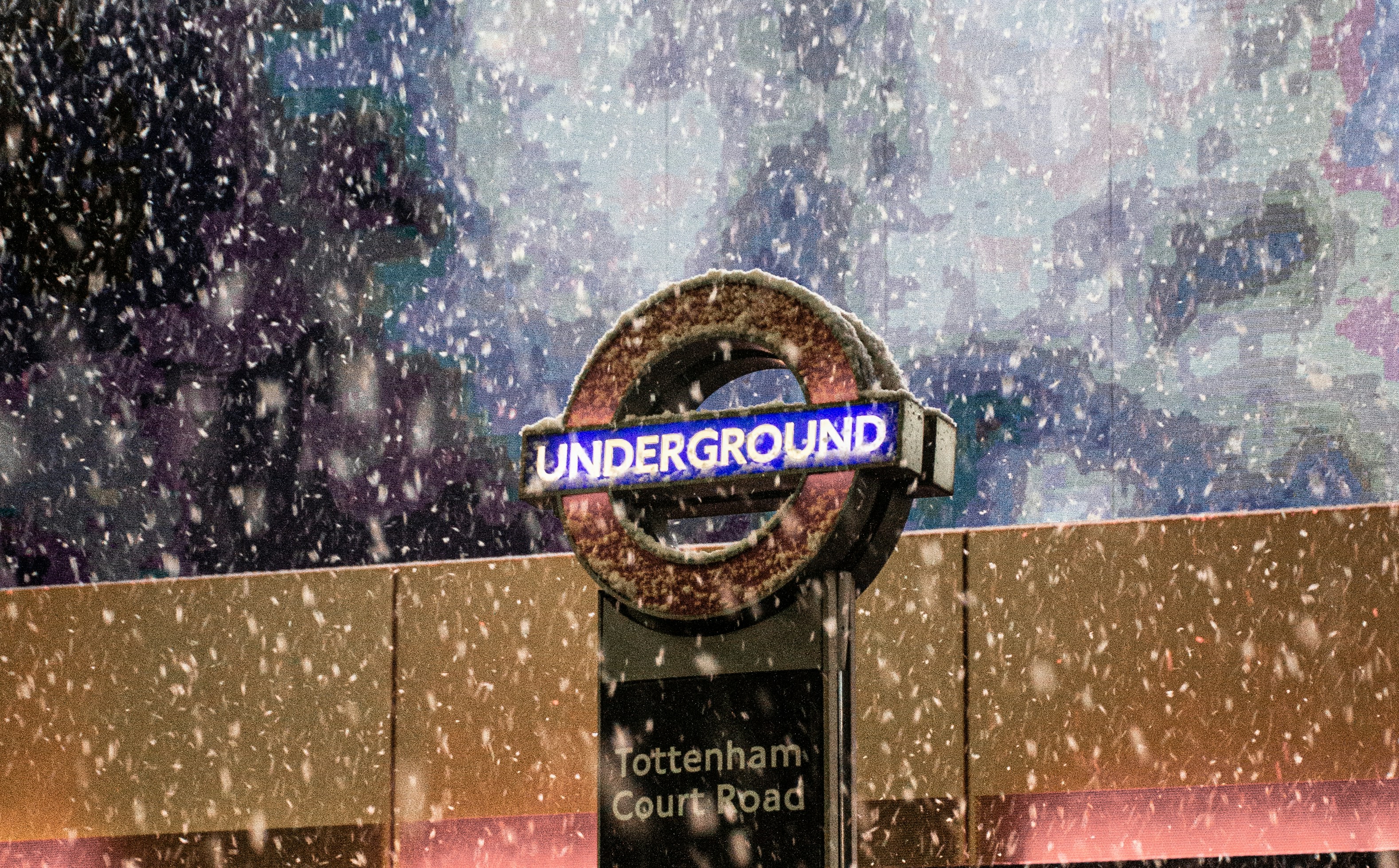 Underground Sign Under Snowfall at Tottenham Court Road