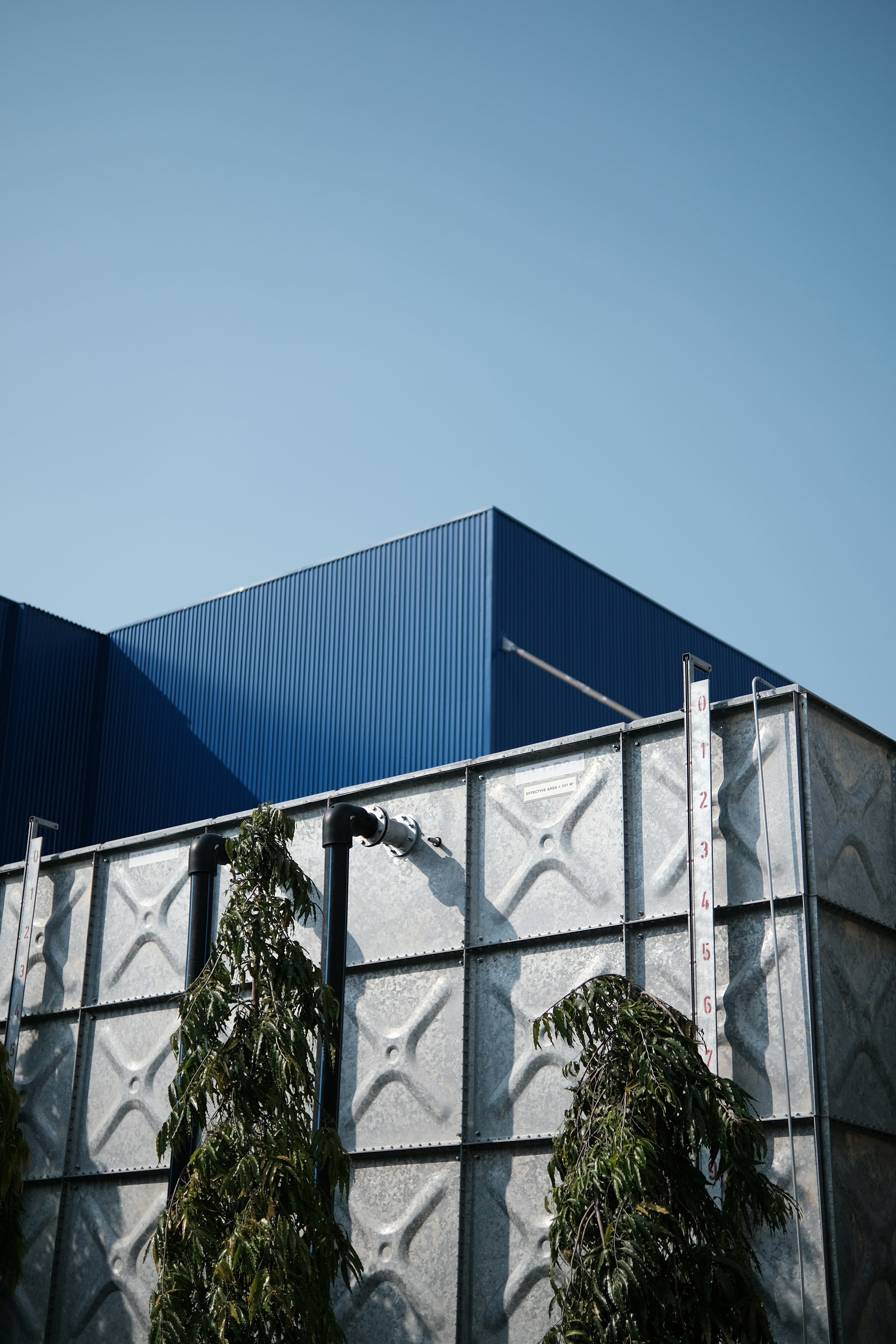 Azure Crest Over a Galvanized Facade