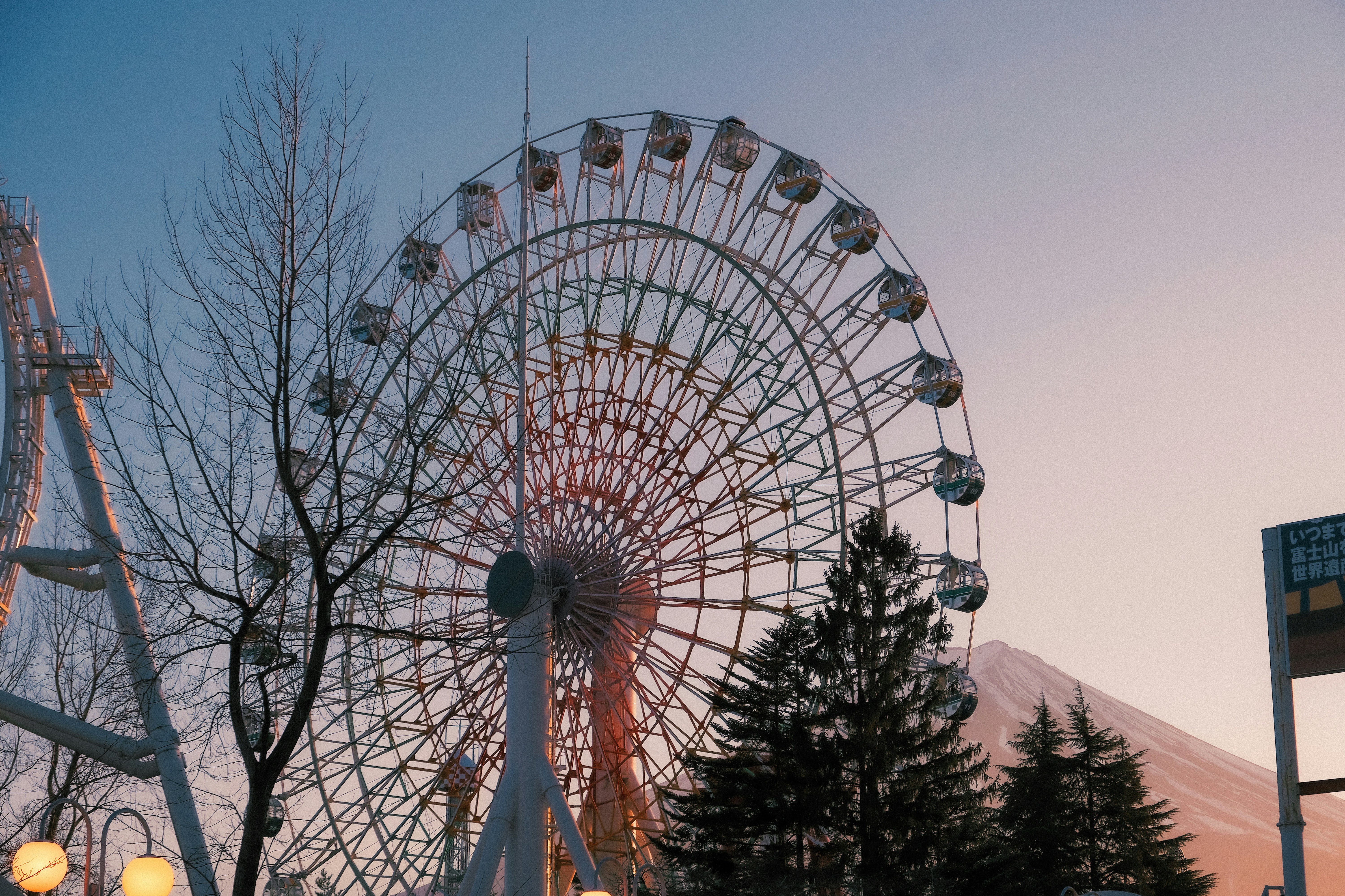 Twilight Ferris Wheel Framed by Pines and Alpine Slopes