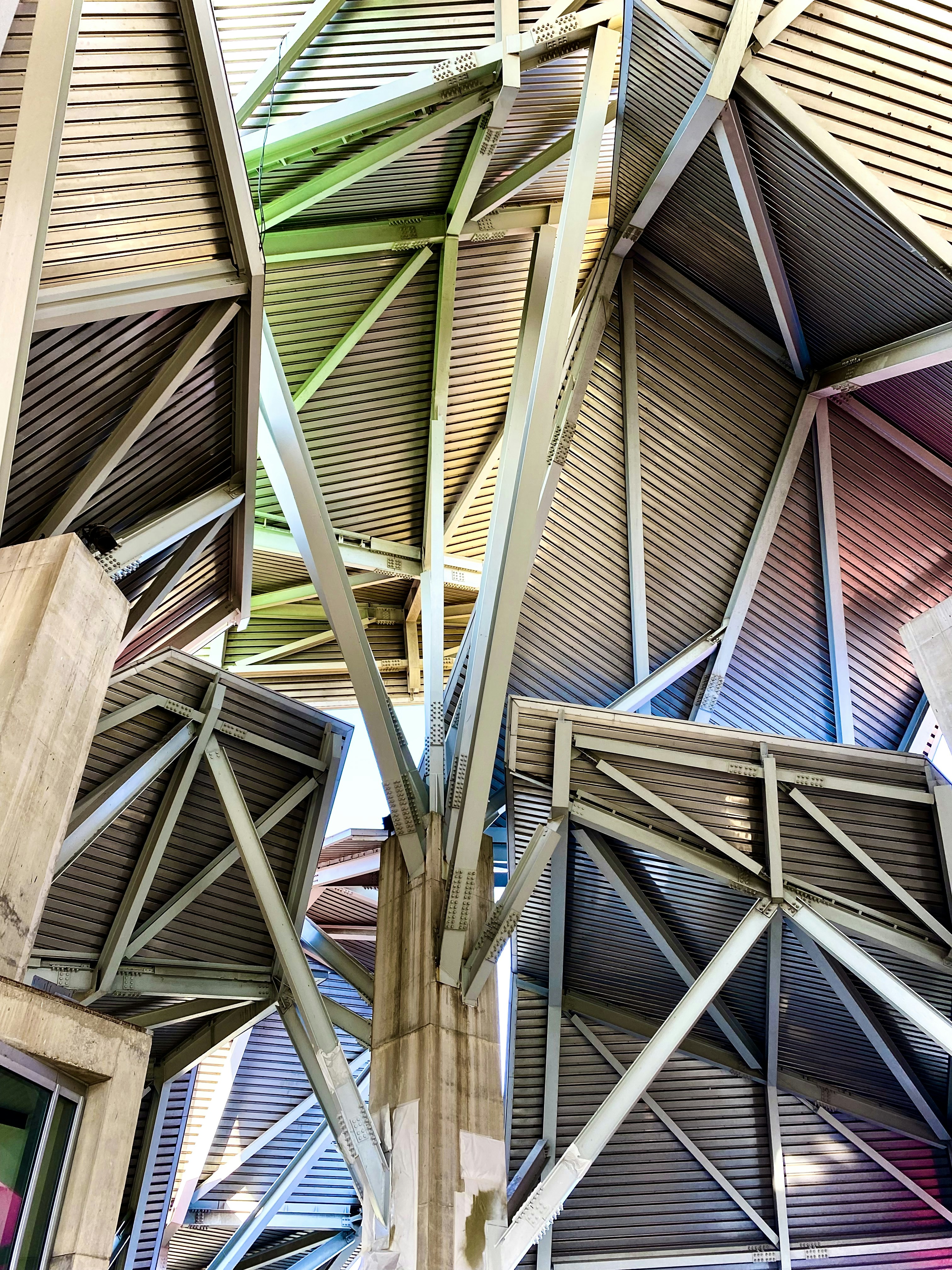 Convergence of Colorful Roof Trusses: A Low-Angle Geometric Portrait