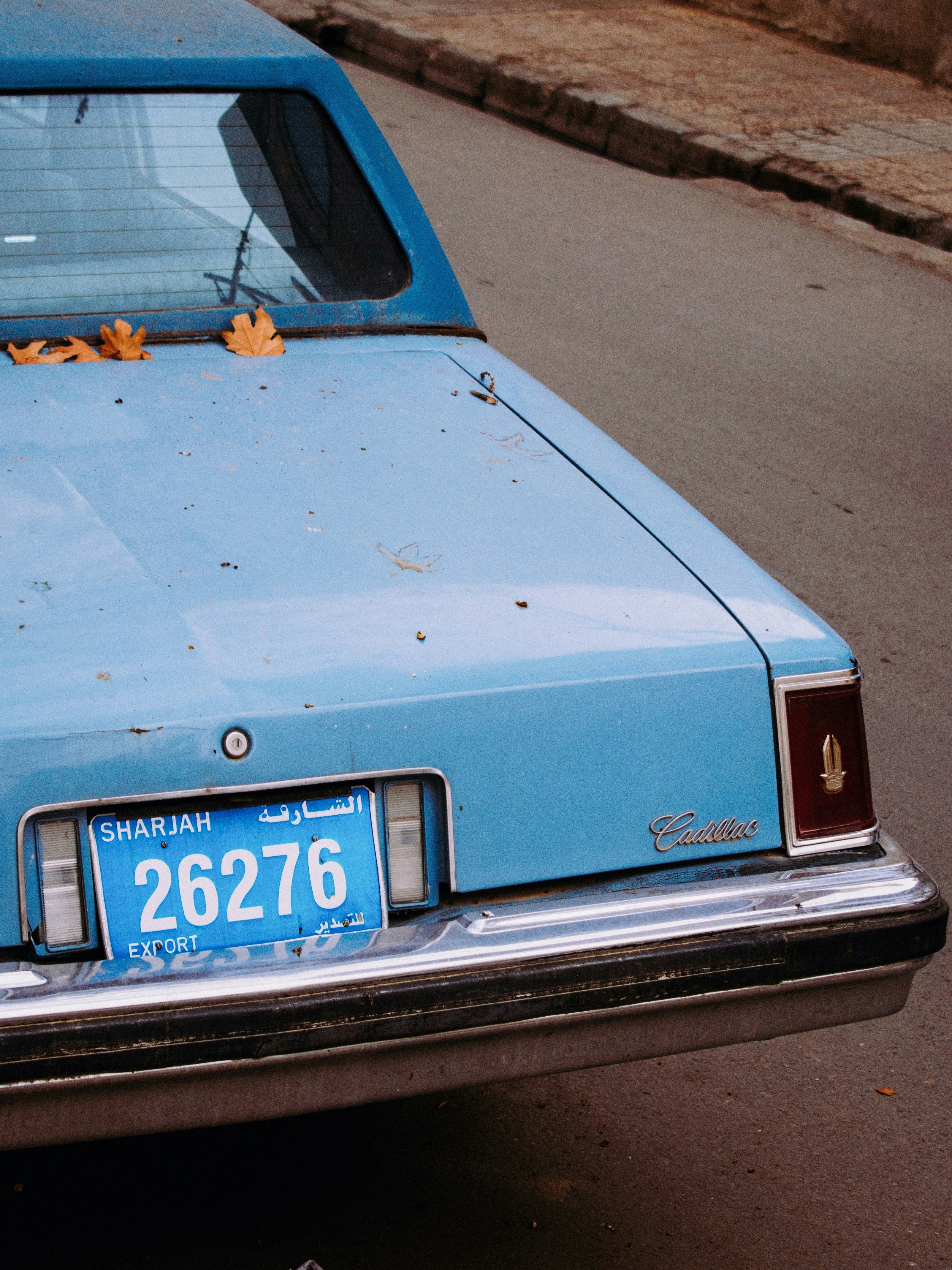 Pastel Blue Cadillac on a Quiet Street with Sharjah Plate