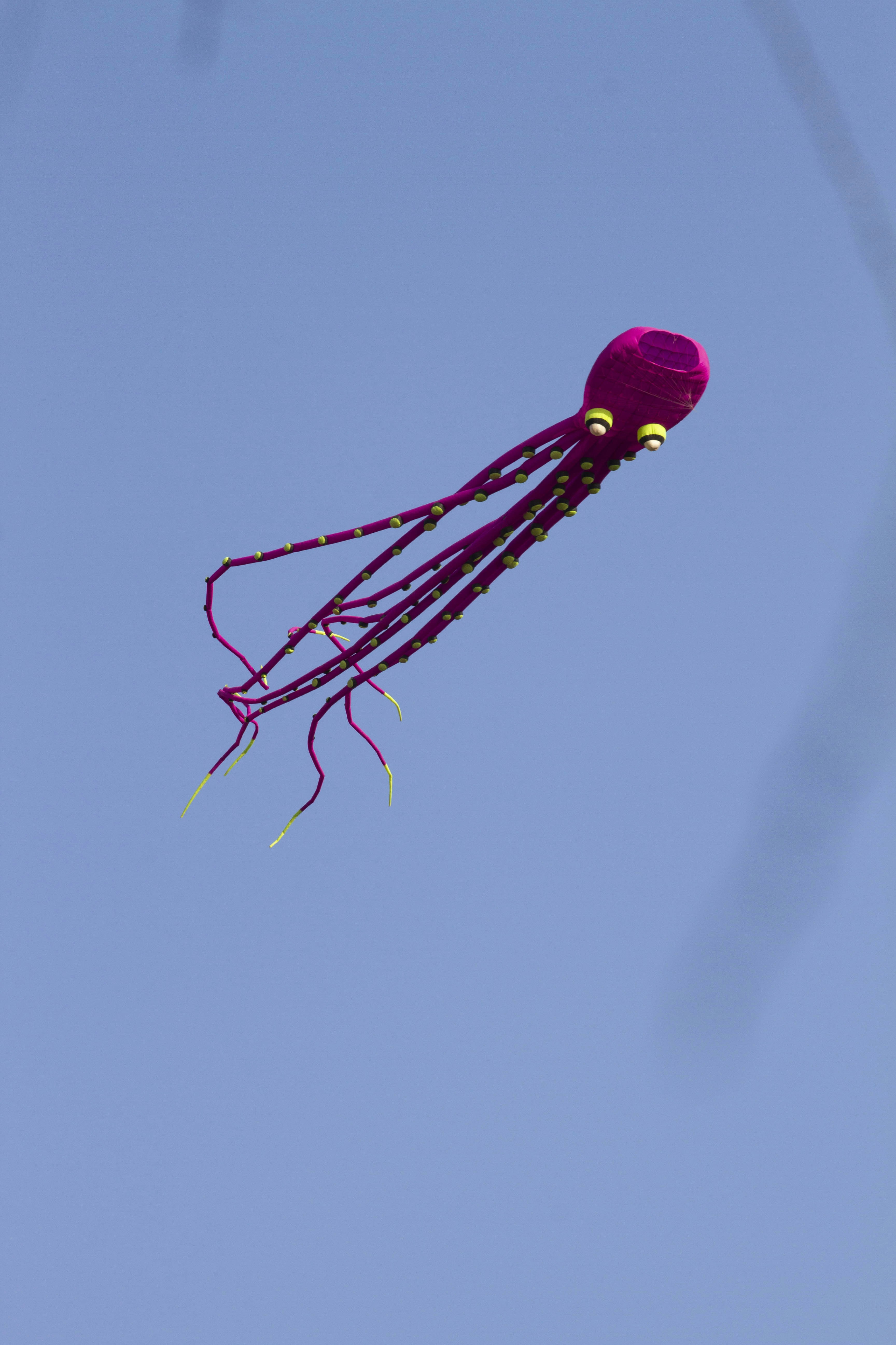 Crimson Octopus Kite with Neon Tentacles Drifts Across a Quiet Blue Sky