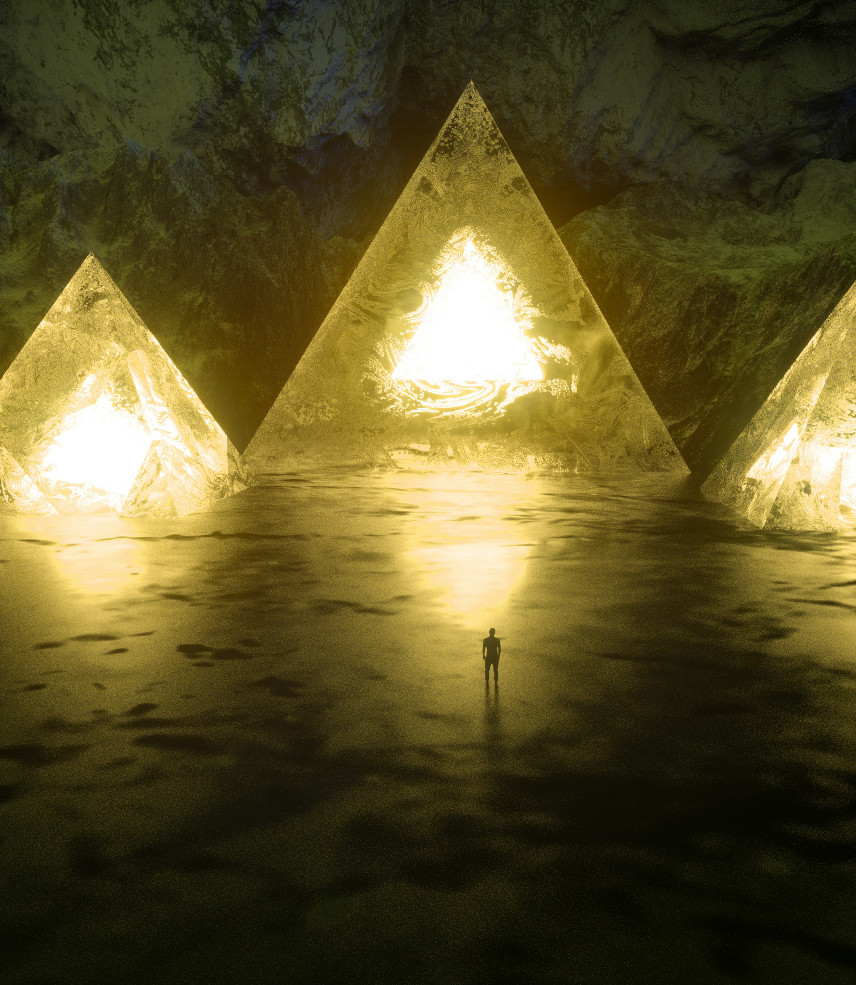 A man standing in front of a group of glowing pyramids photo – Free ...