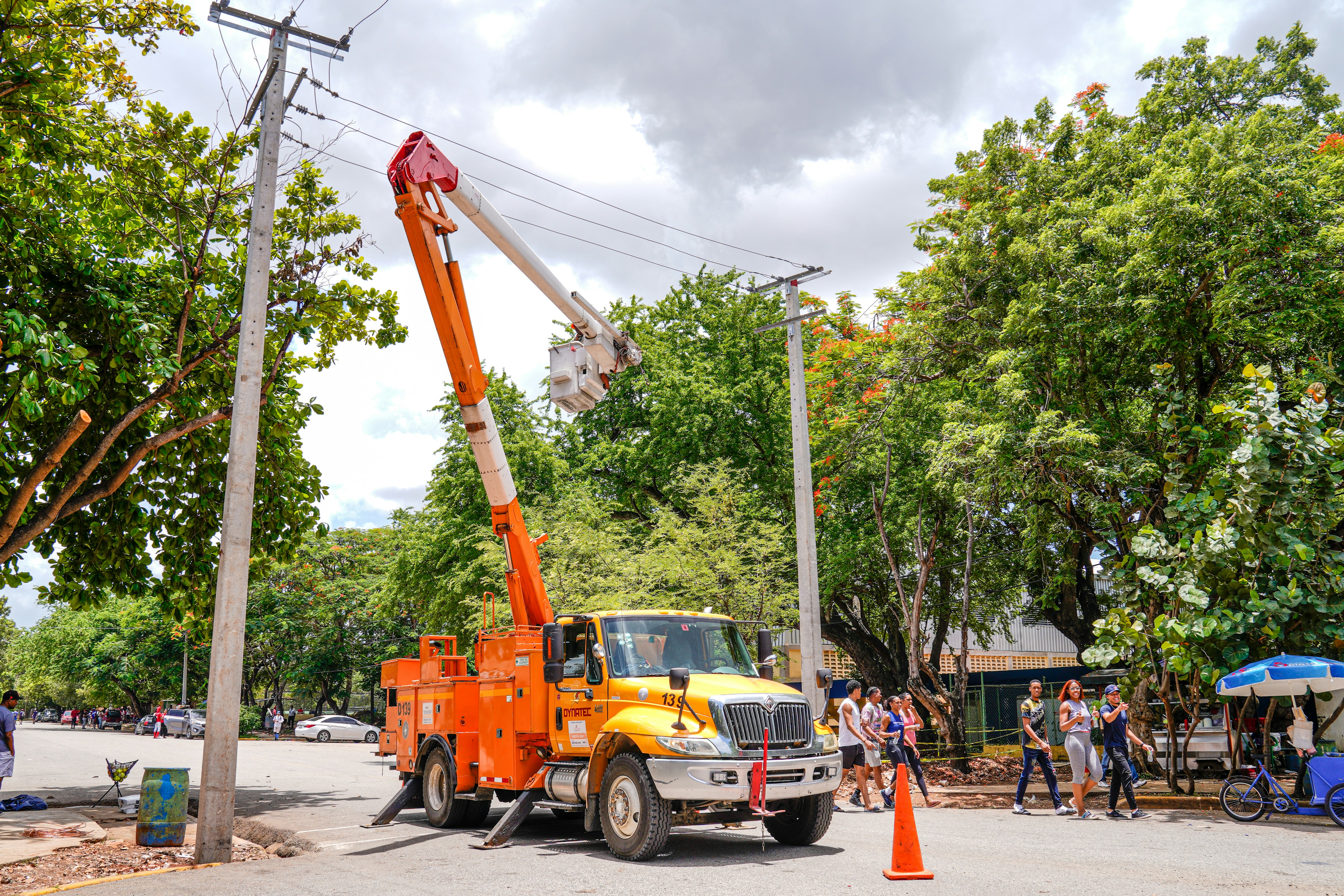 Urban Crane Operation Amidst Lush Greenery
