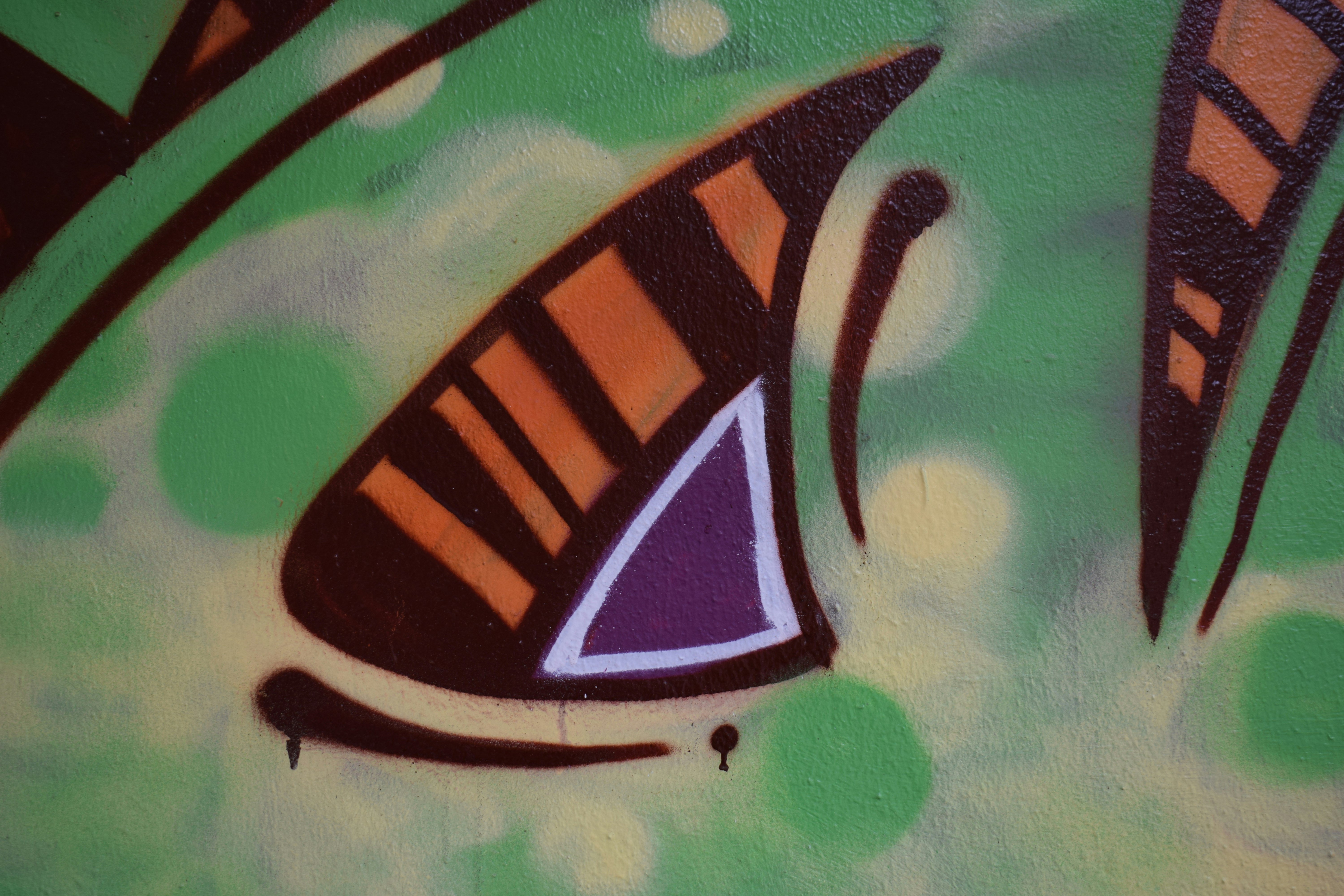 Close-up of a stylized butterfly eye in graffiti green wall