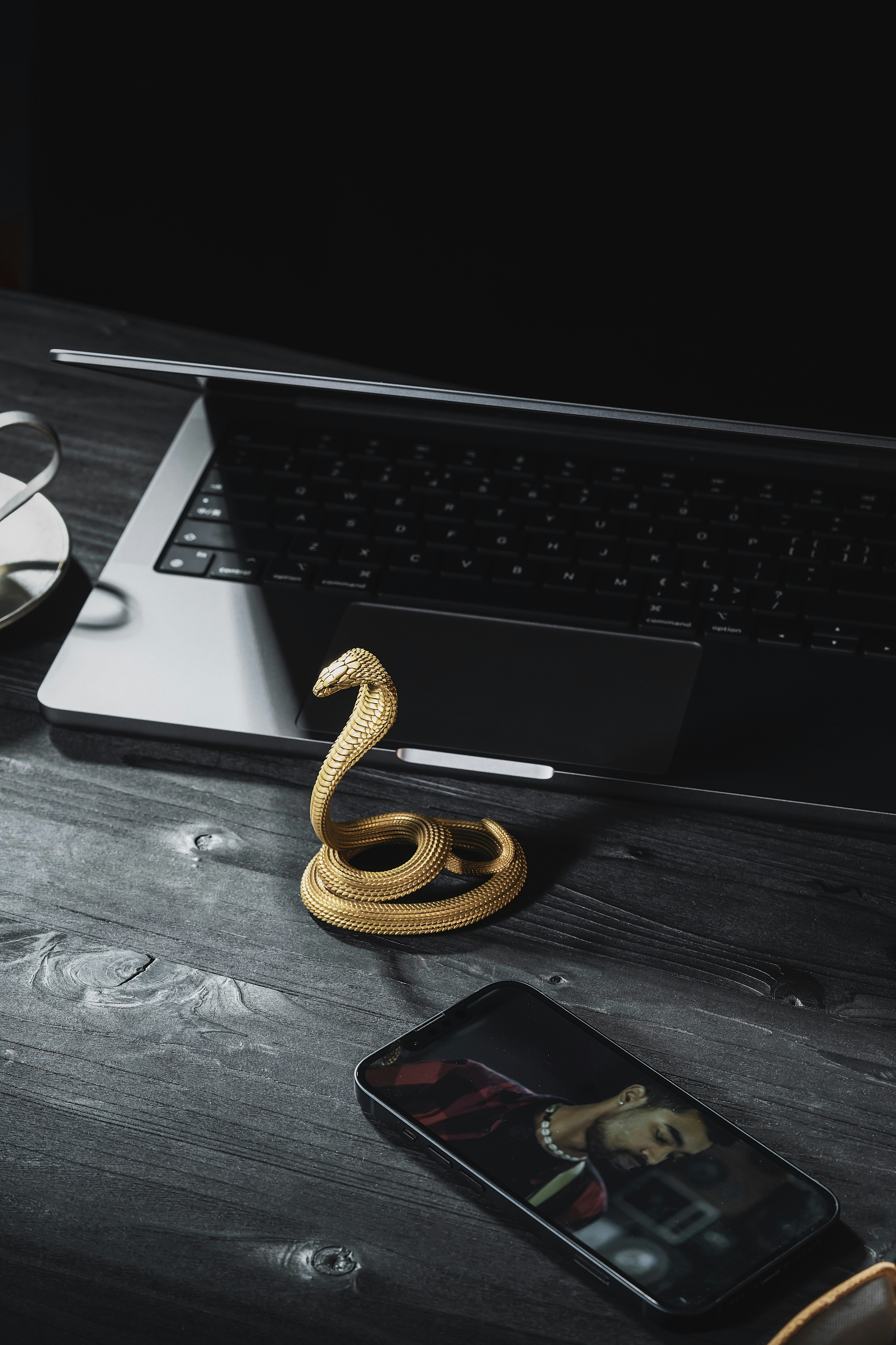Coiled Gold Snake on a Dark Desk: Laptop, Phone, and Subtle Light