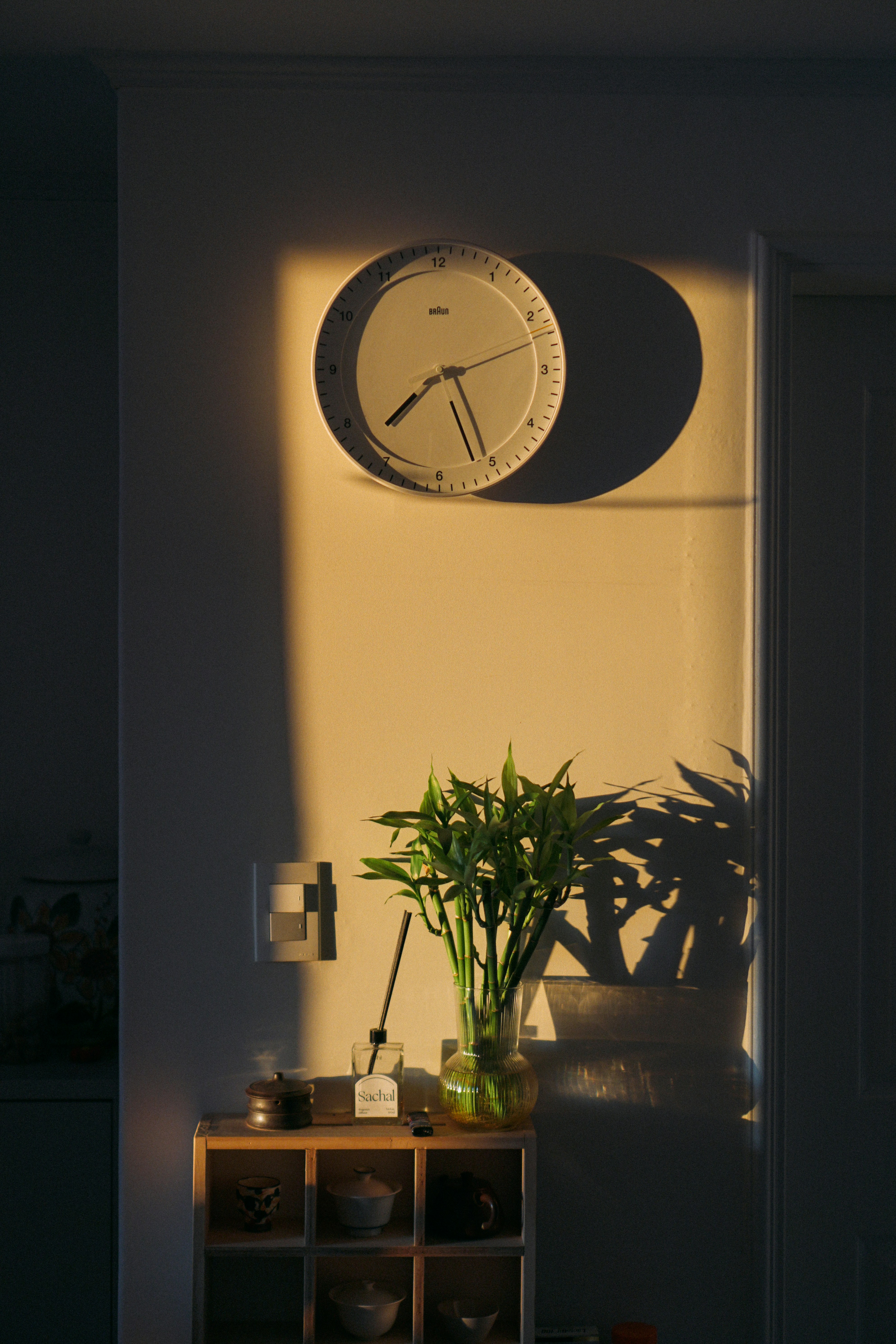 A clock mounted on the wall above a plant photo – Free Interior design ...