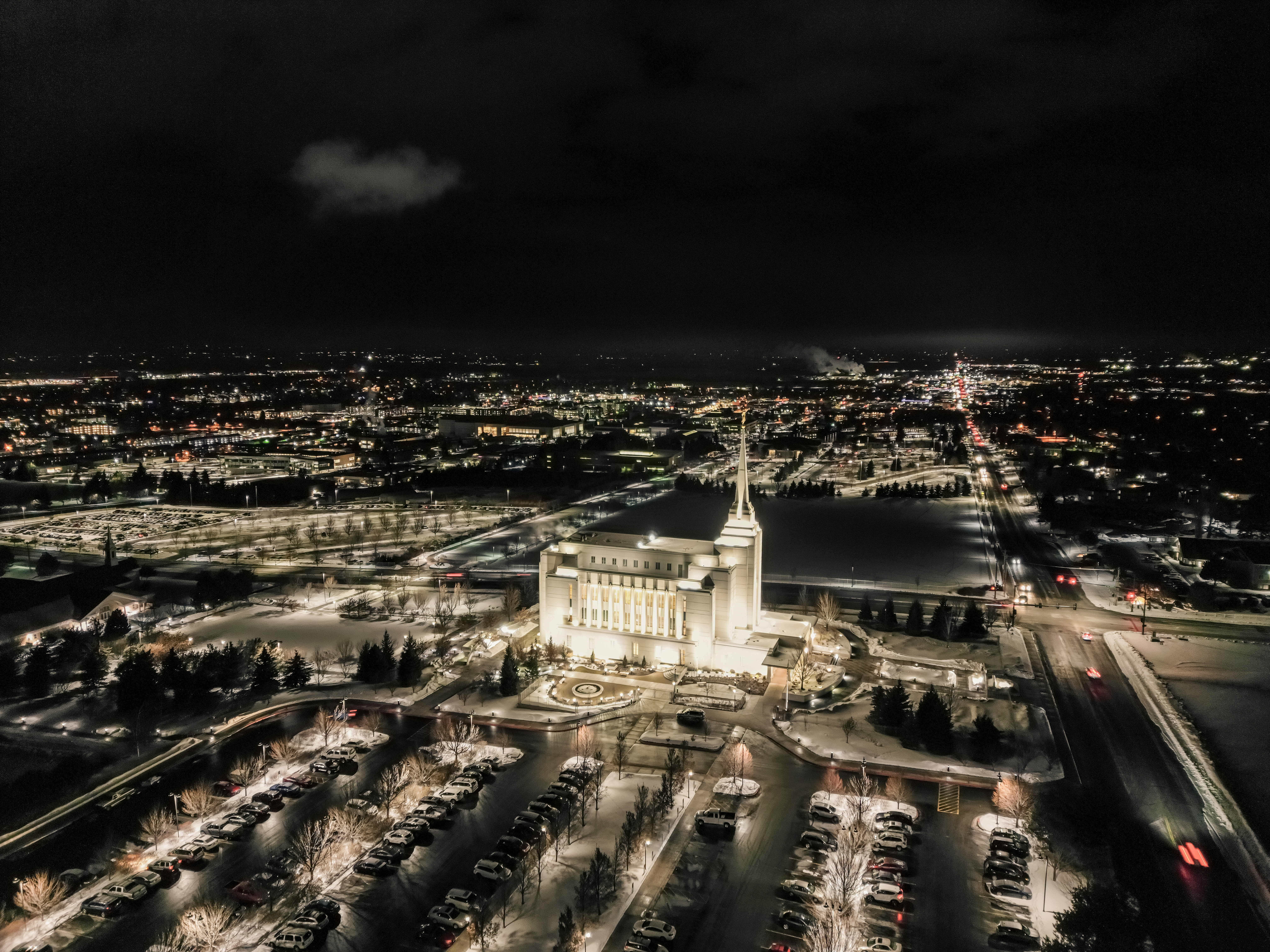 An aerial view of a city at night photo – Free Rexburg temple night ...