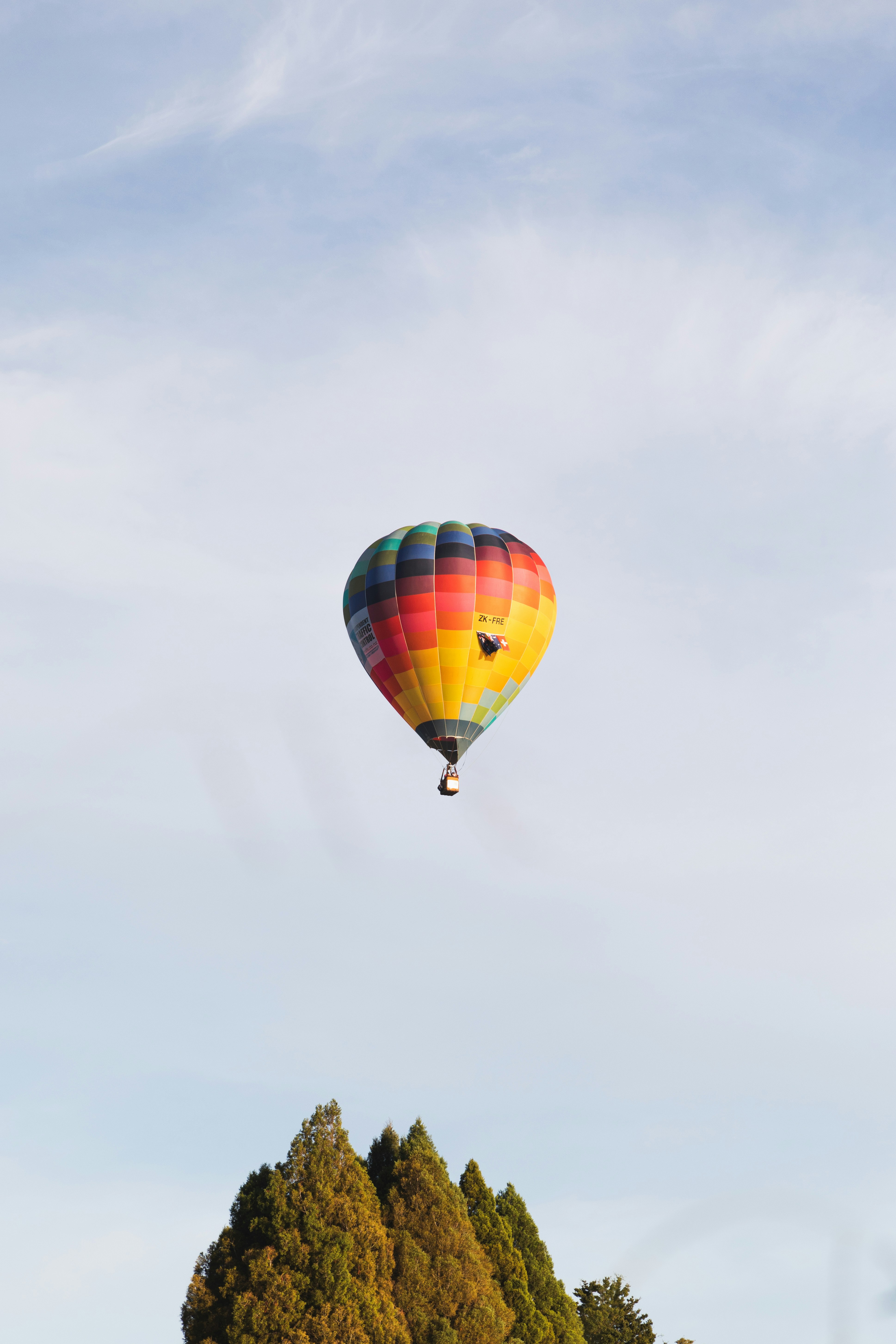 A colorful hot air balloon flying over a forest photo – Free Hamilton ...