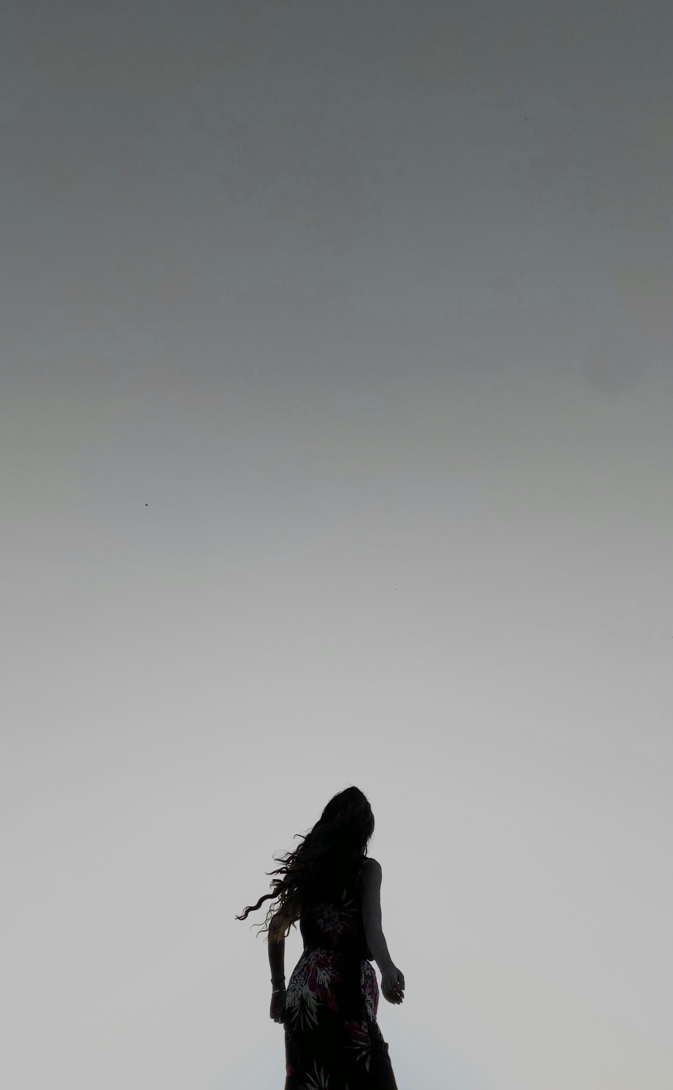 Silhouette of a woman in a floral dress running against a softly fading sky.