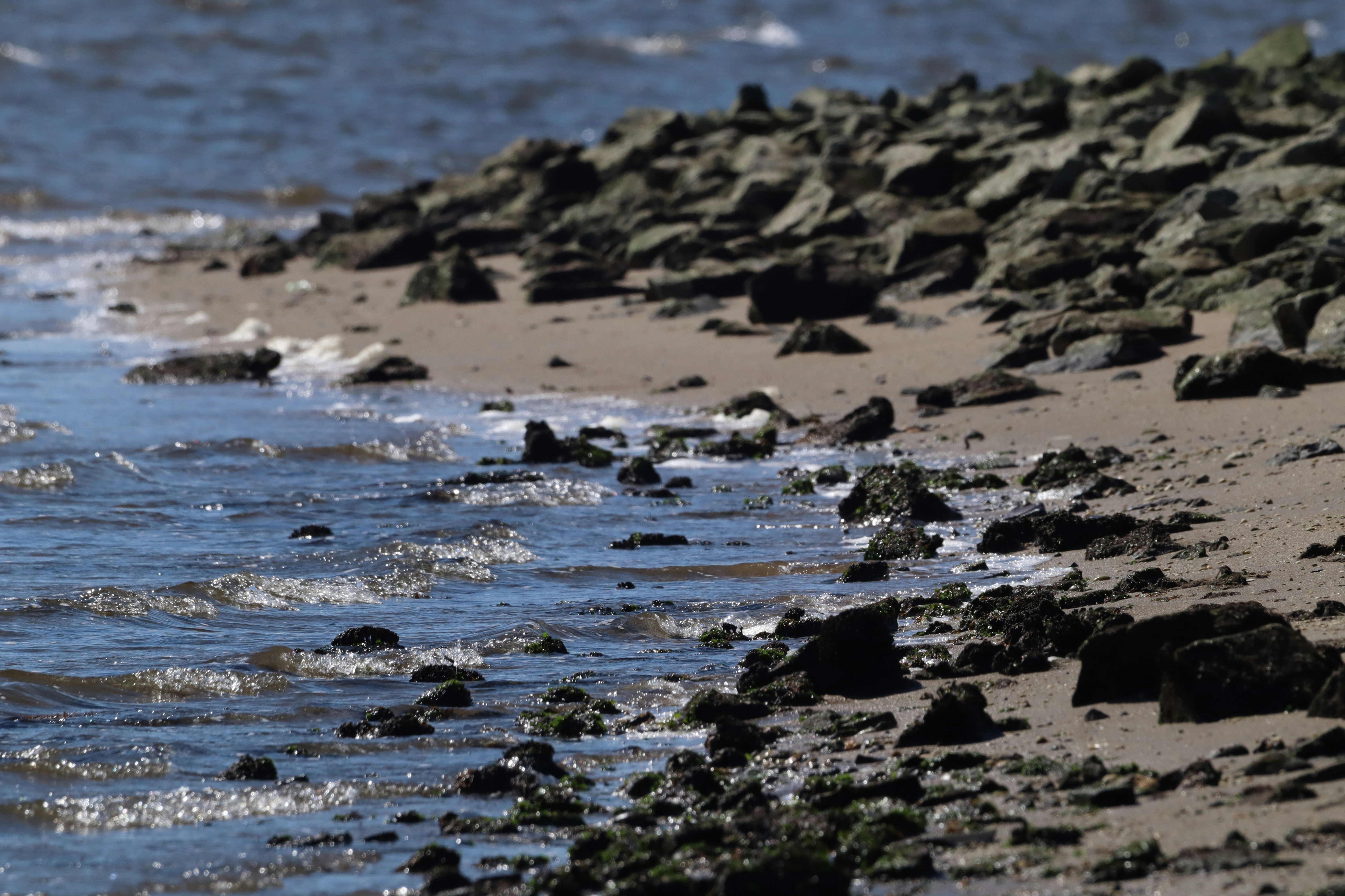 Sunlit rocks line a sandy shore as gentle waves wash over them.