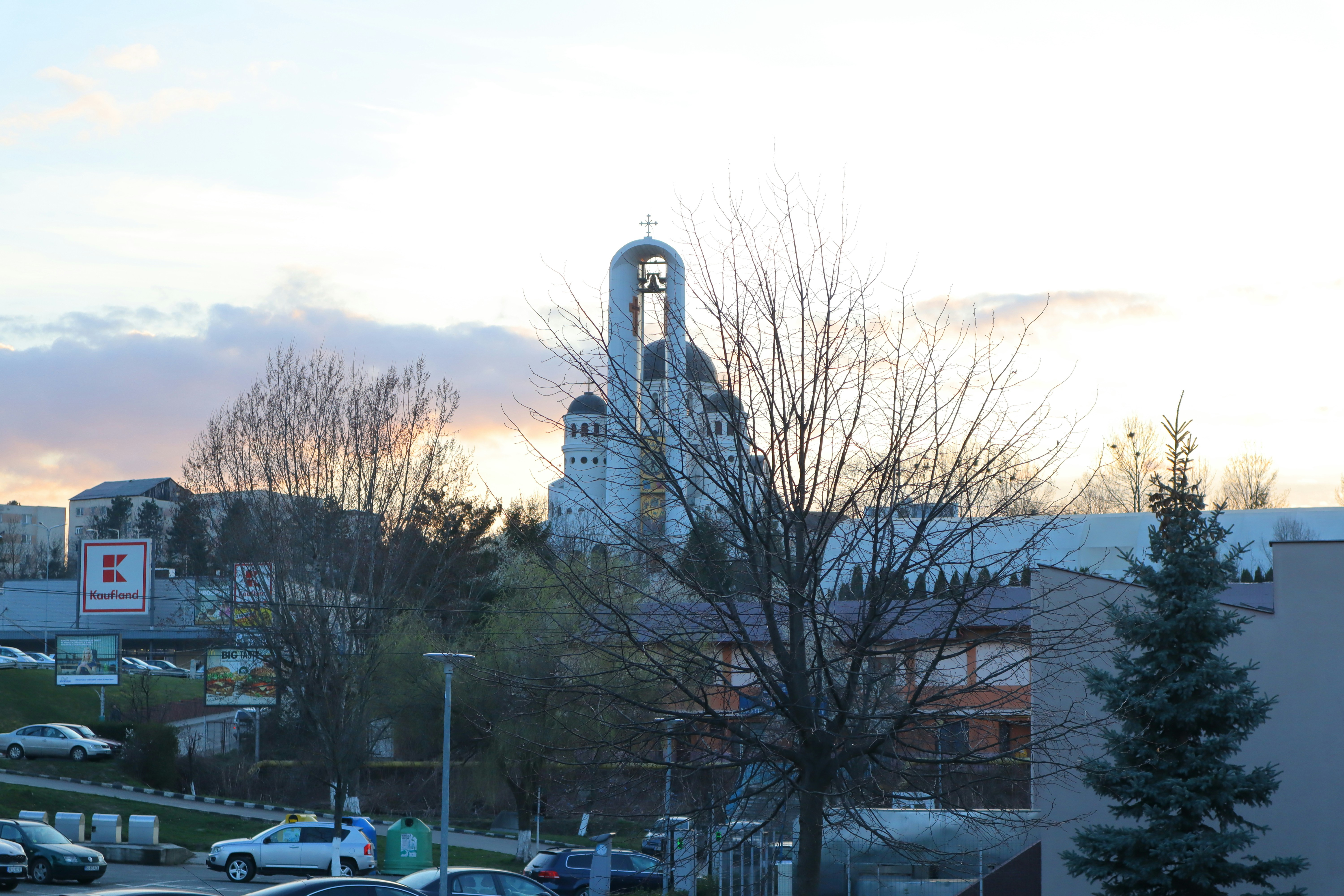 Dawn at the Bell Tower: A Quiet Suburban Chapel Emerges from Winter Trees