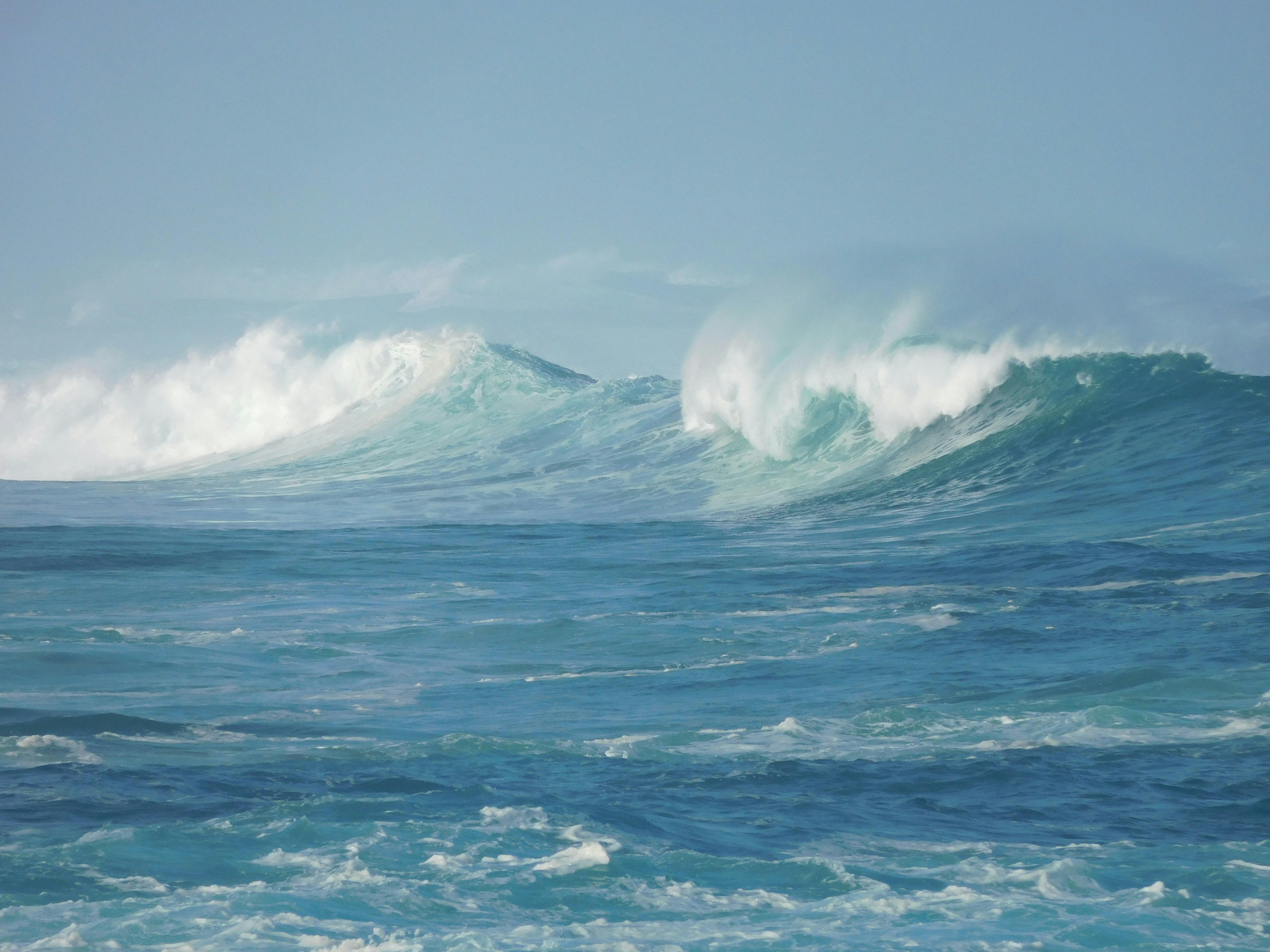 Powerful ocean waves cresting under a clear blue sky.