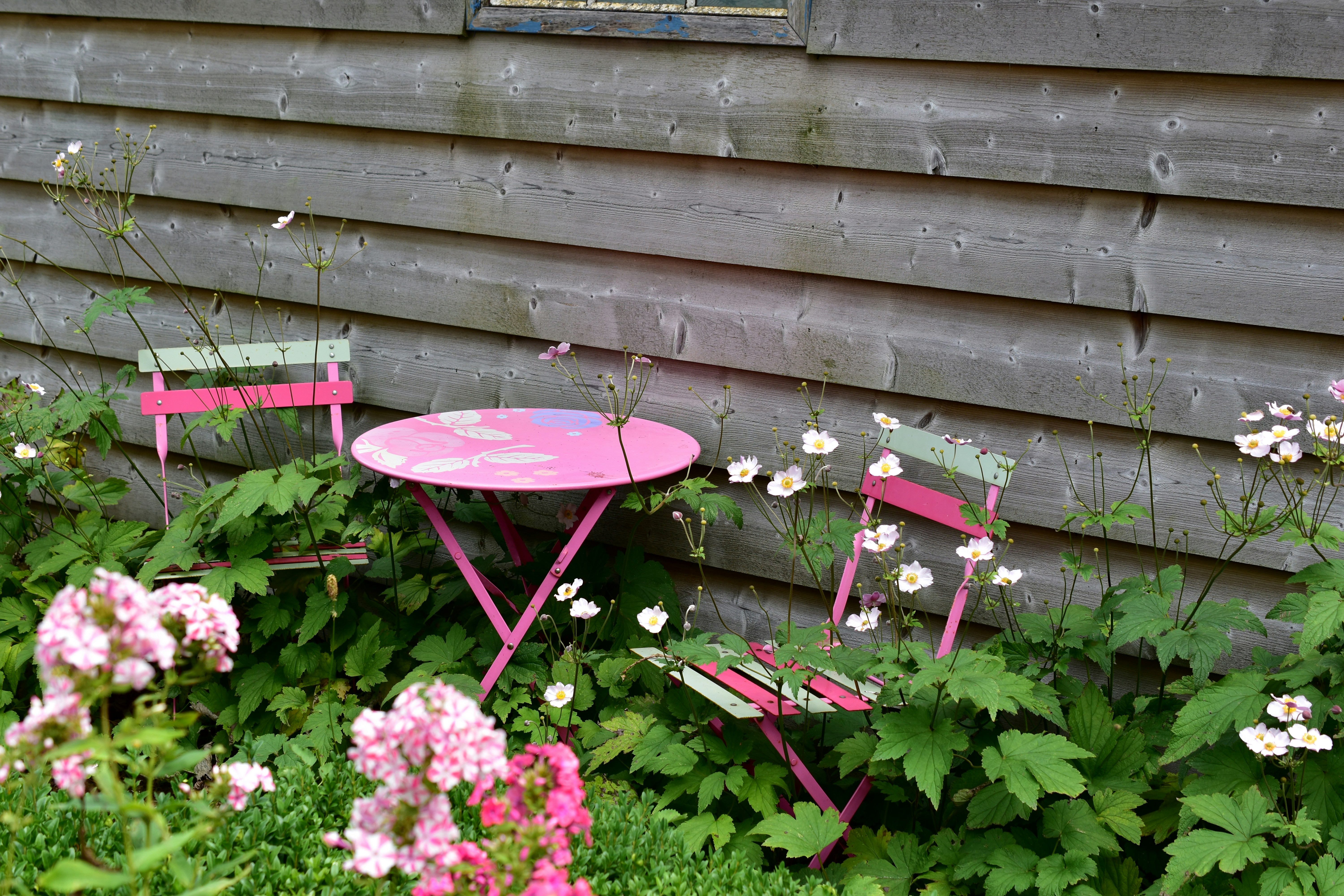 Pink table and chairs tucked among green foliage and delicate flowers against a wooden wall.