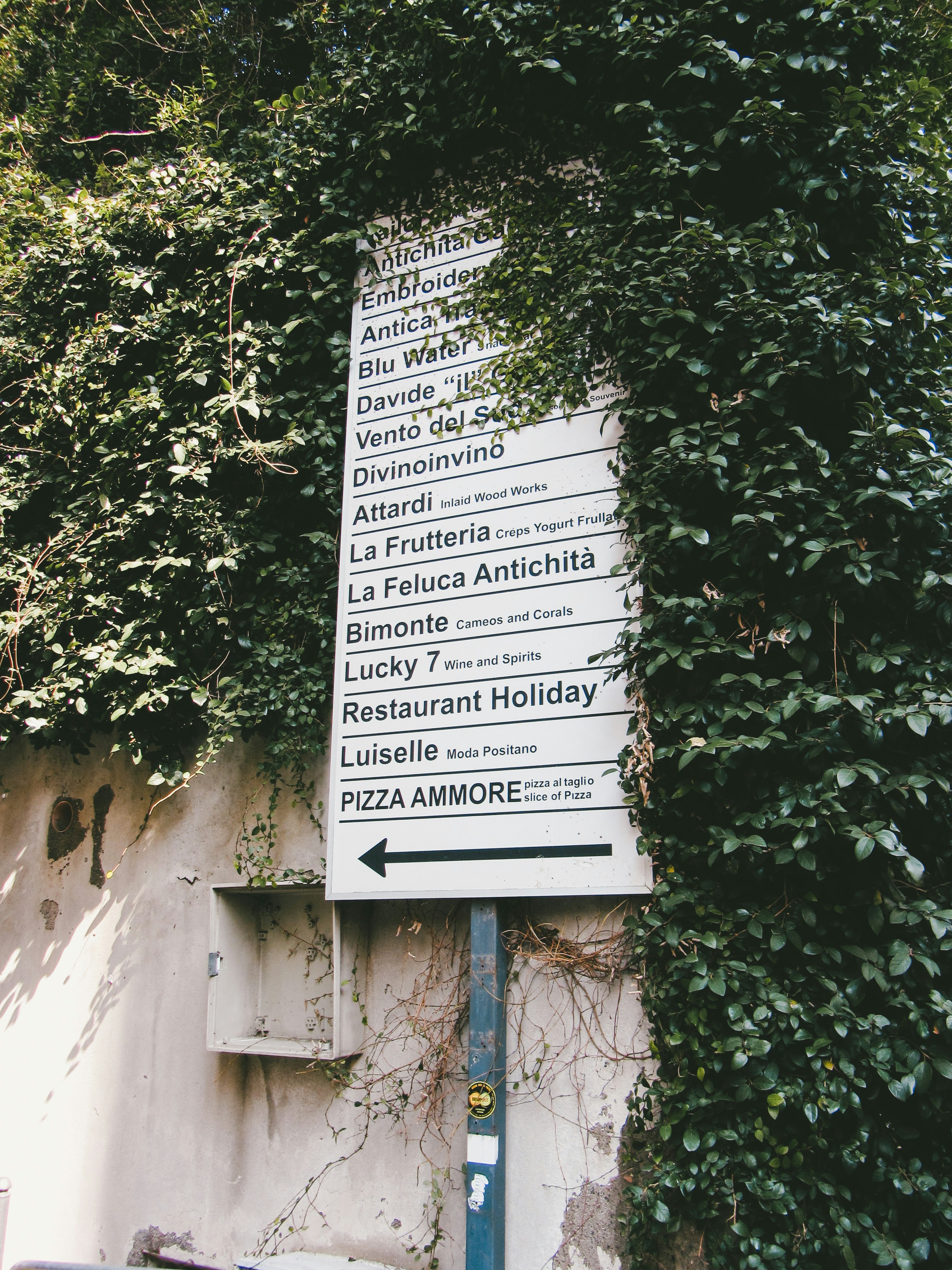 A tall white directory sign on a blue post leans beside an ivy-covered wall, listing Italian venue names with a left-pointing arrow.