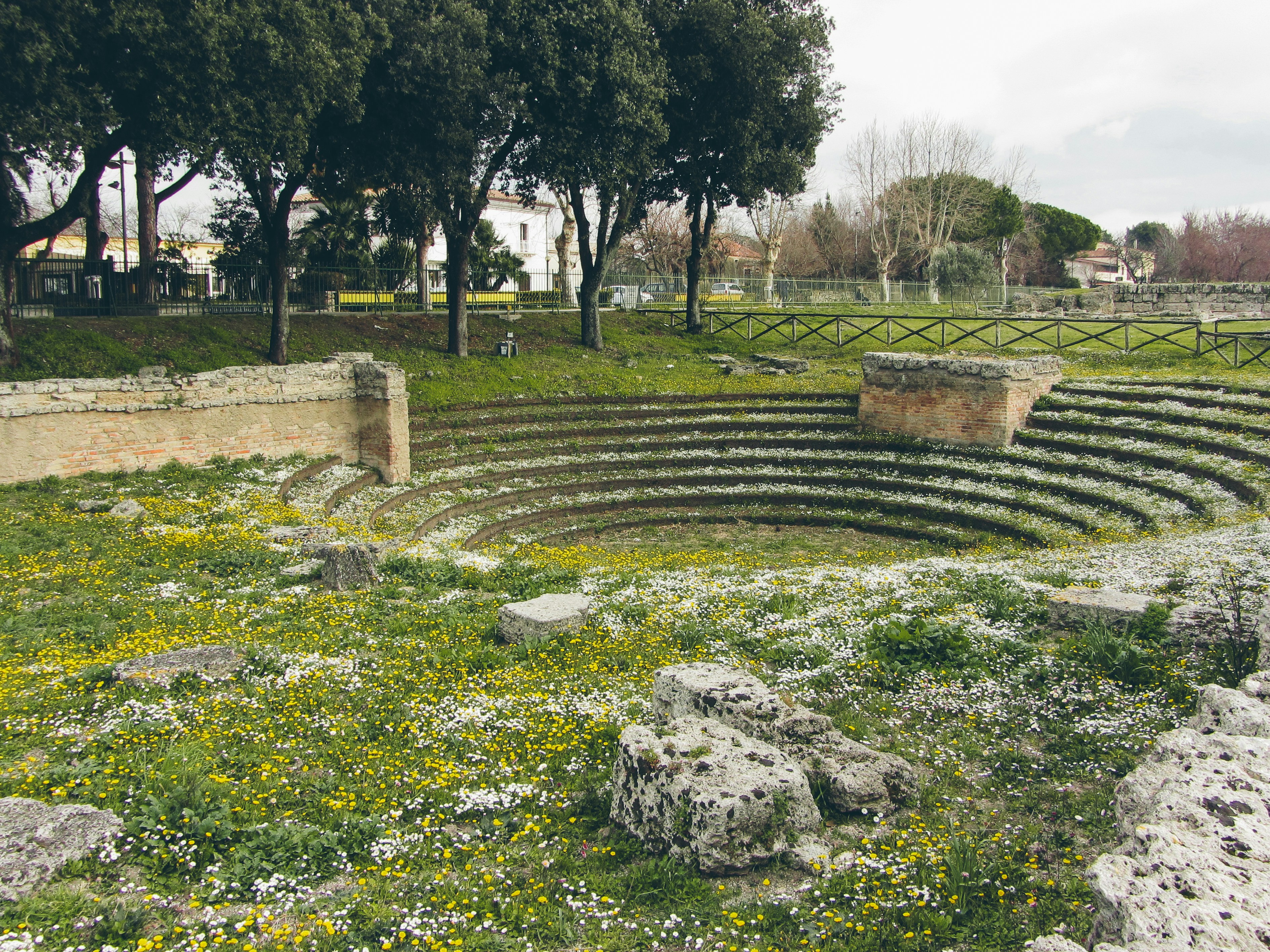 The ekklesiasterion (meeting place of the popular assemby) in the ancient Greek city of Paestum | a large stone structure sitting in the middle of a lush green field