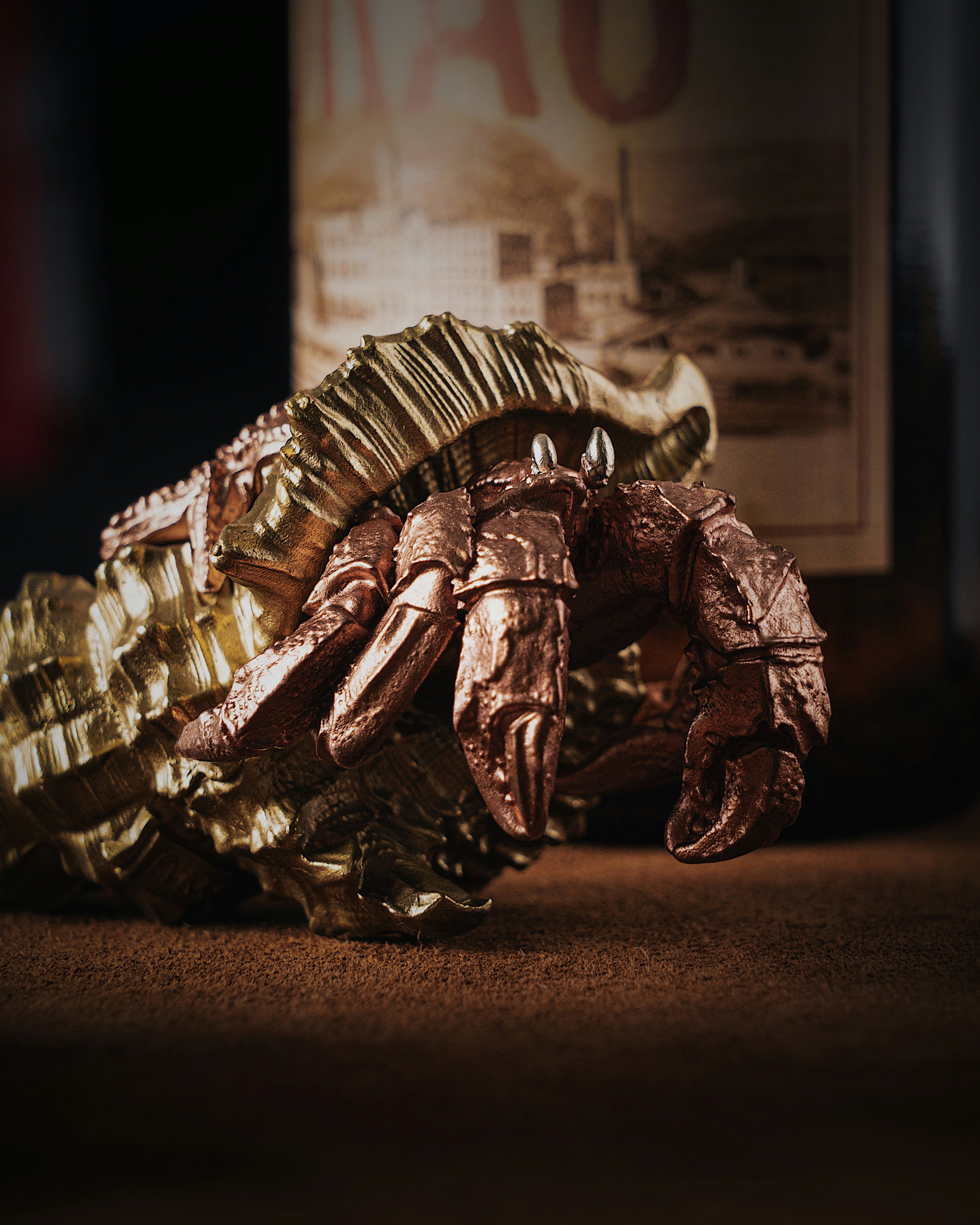 Dimensional Brute: A Metallic Kraken Resting on Velvet Ground