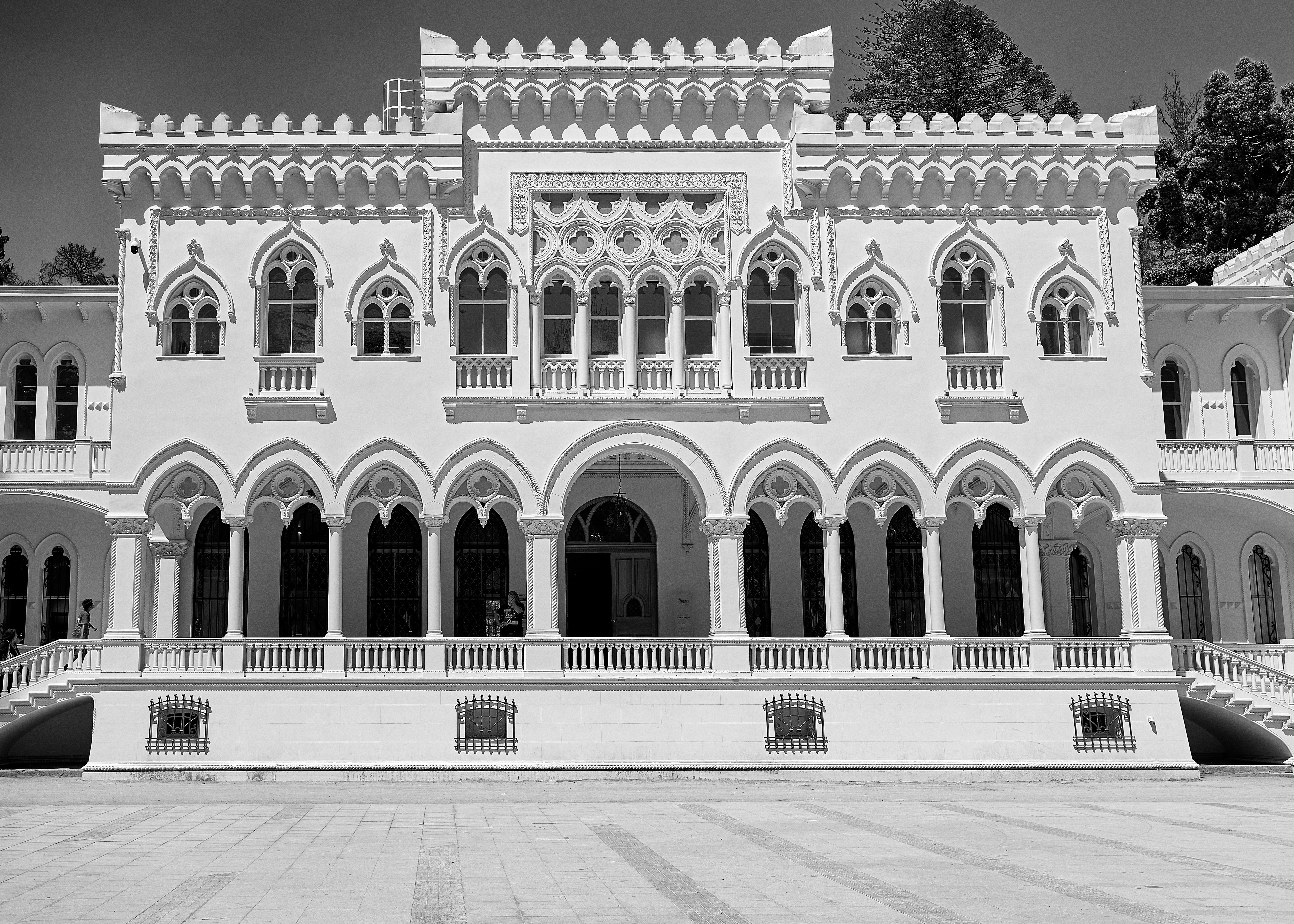 Ornate Monochrome Facade: Arched Windows and Symmetrical Detailing