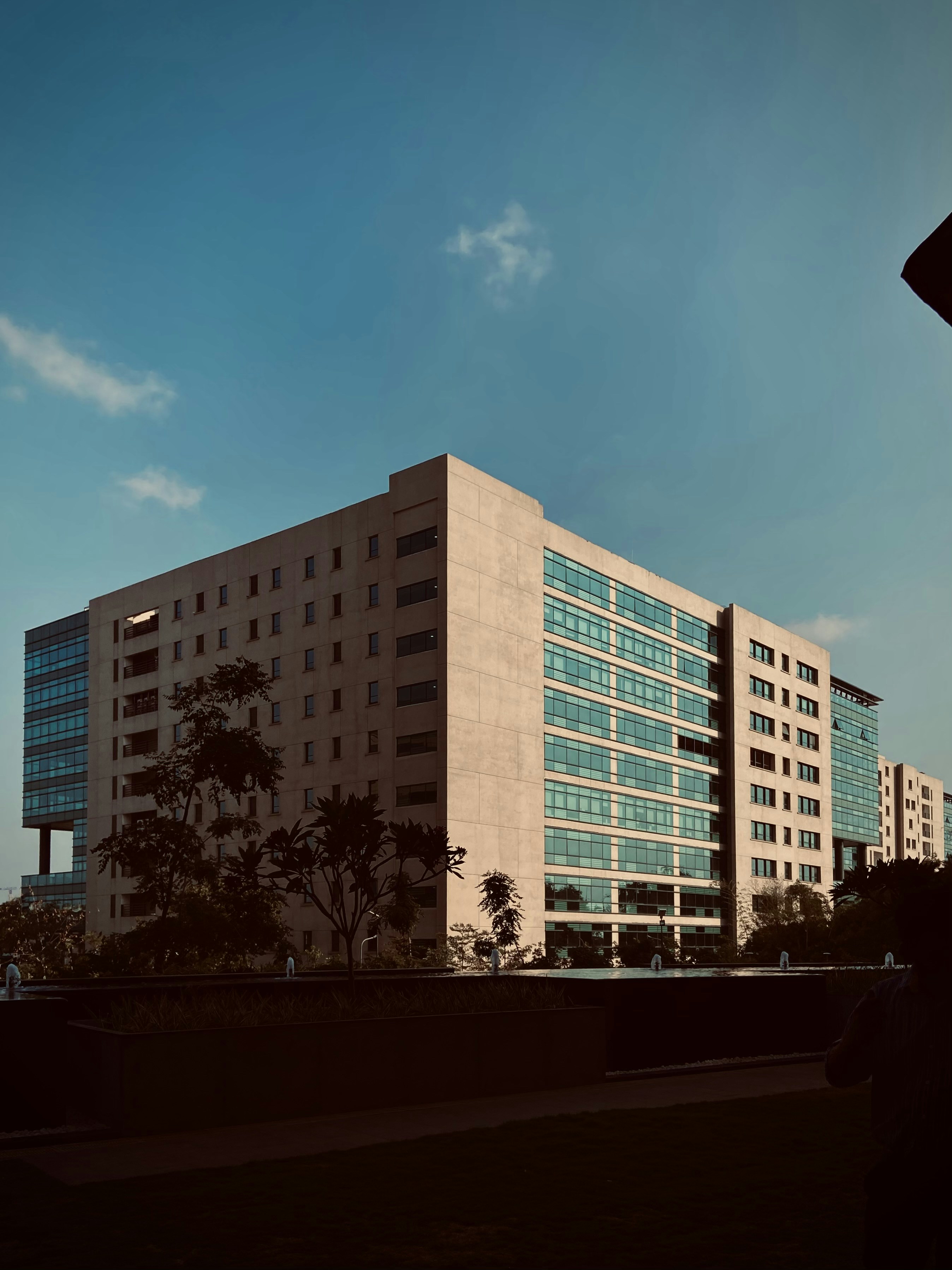 A tall white building sitting next to a lush green park photo – Free ...