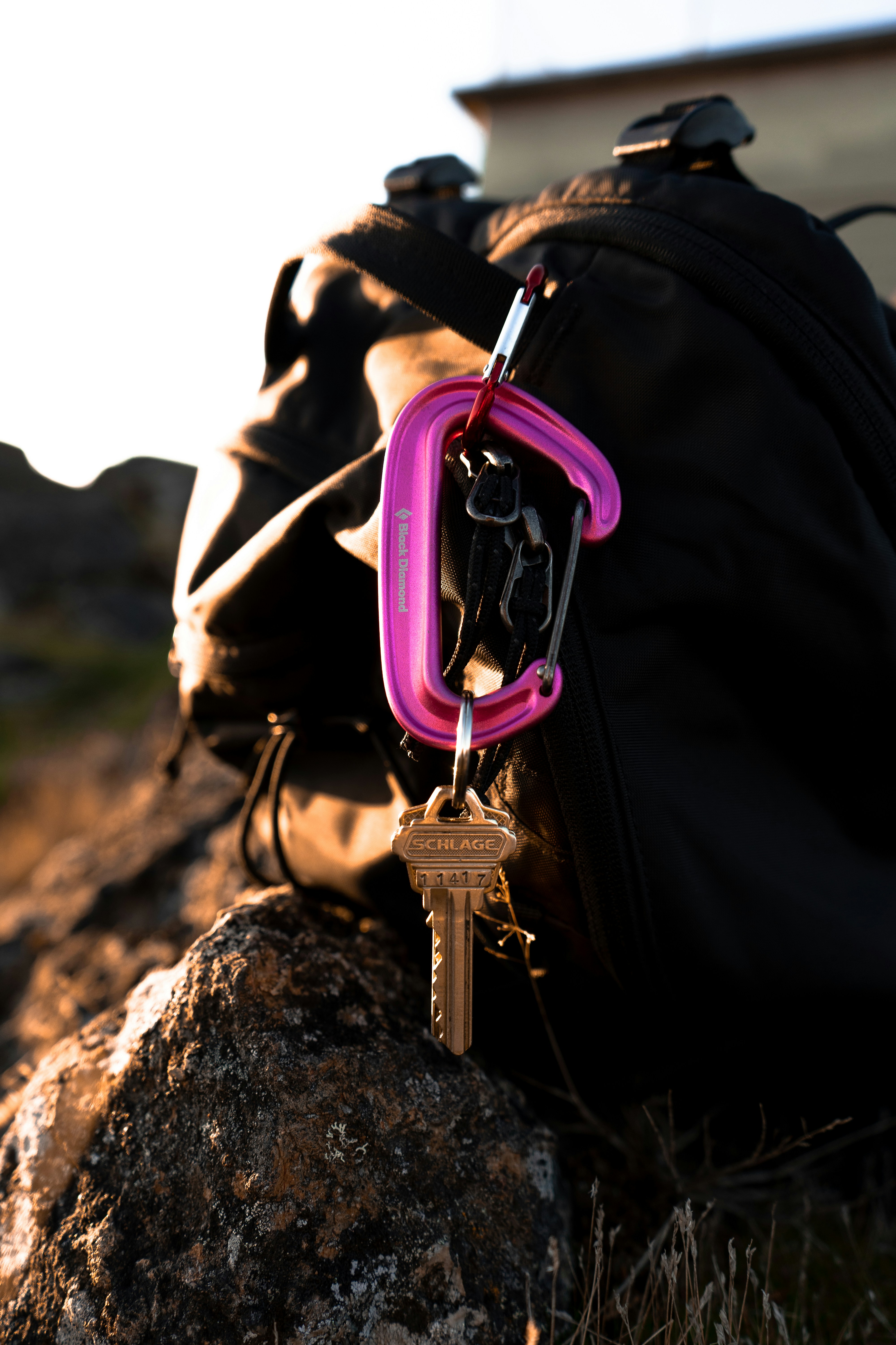 Purple carabiner Keychain on Outdoor Backpack in Golden Hour