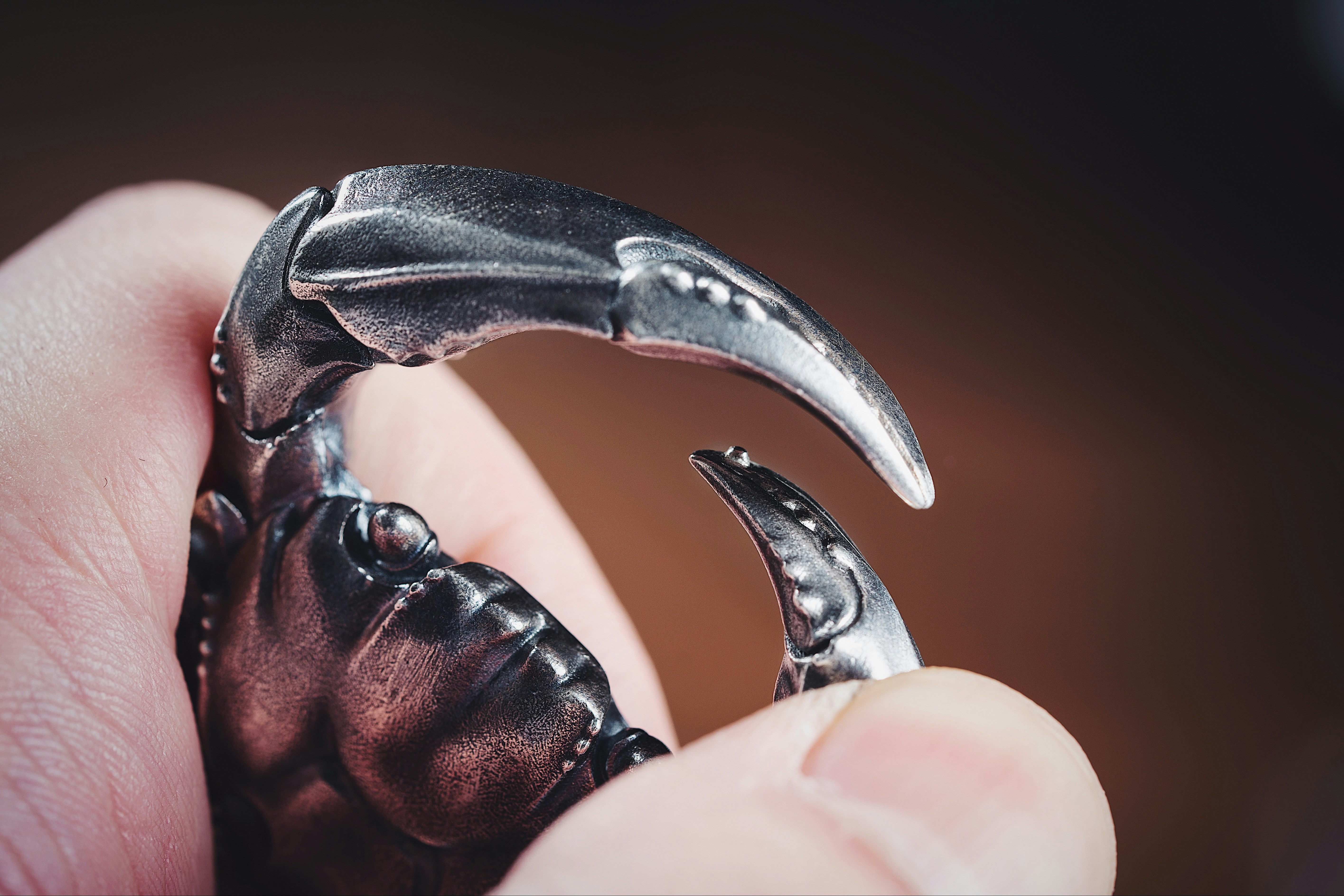 Gleam on Titanium: Macro Focus on a Metallic Claw Between Fingers