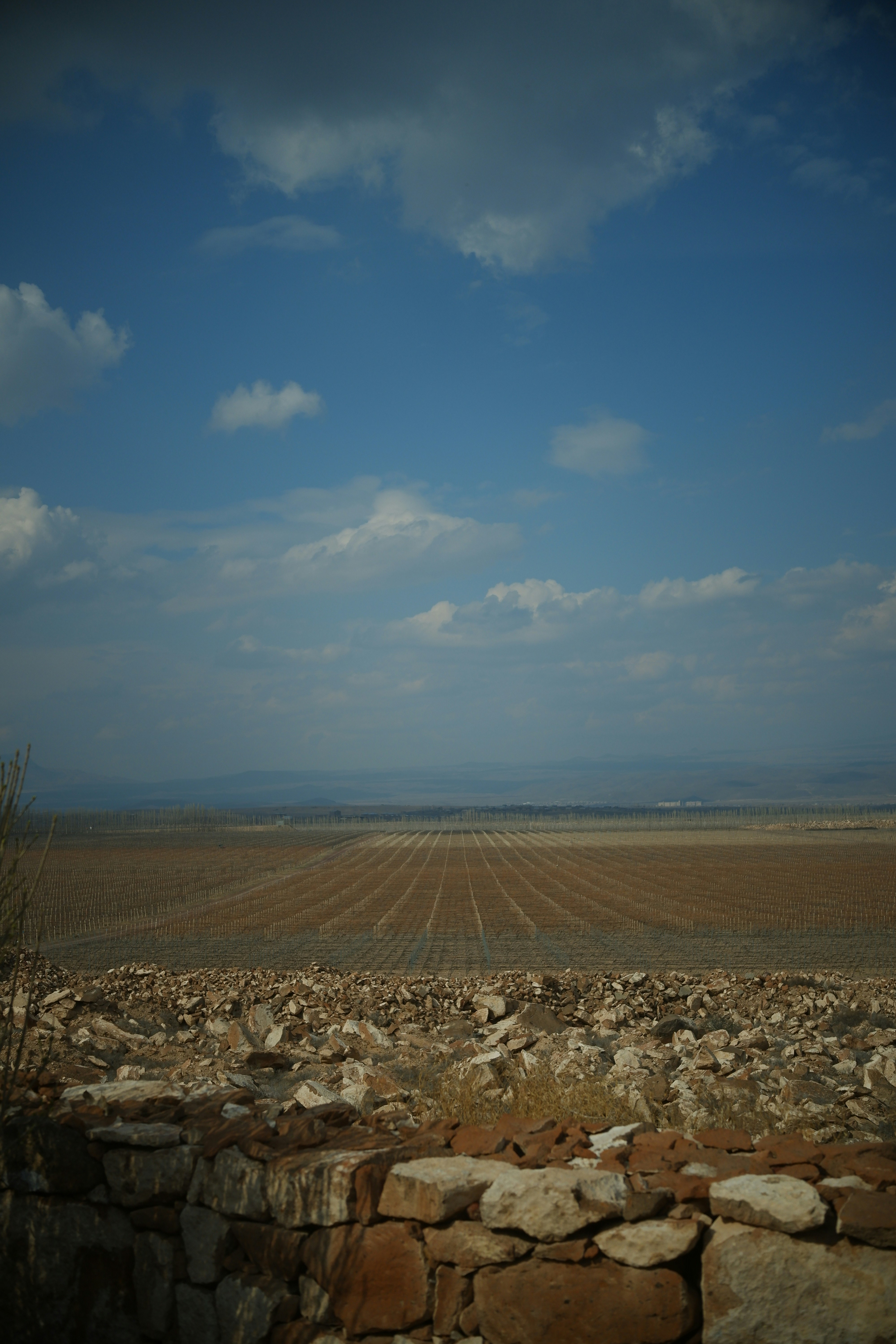 a stone wall and a field under a blue sky