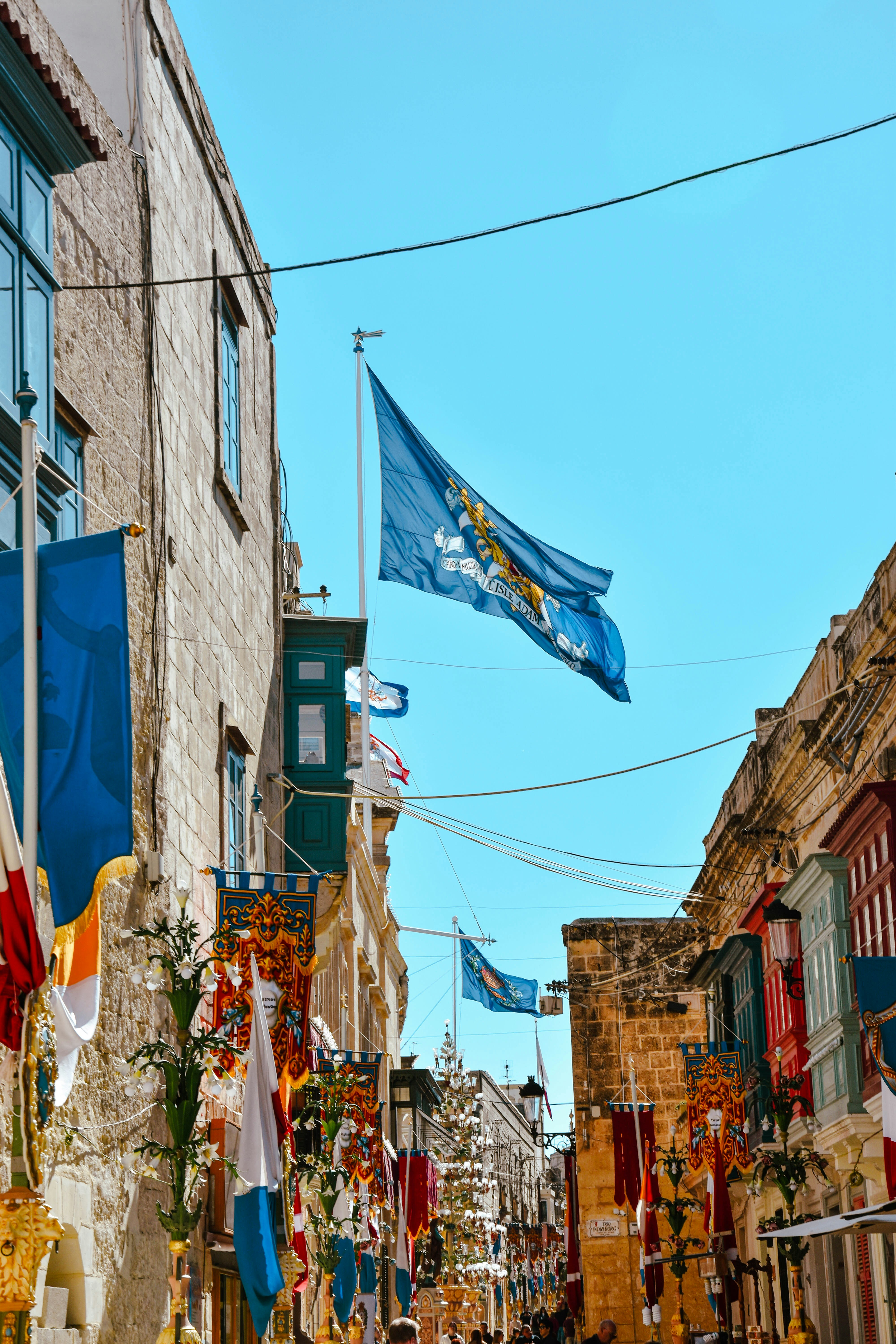 Flagged Charm: A Sunlit Street of Historic Facades