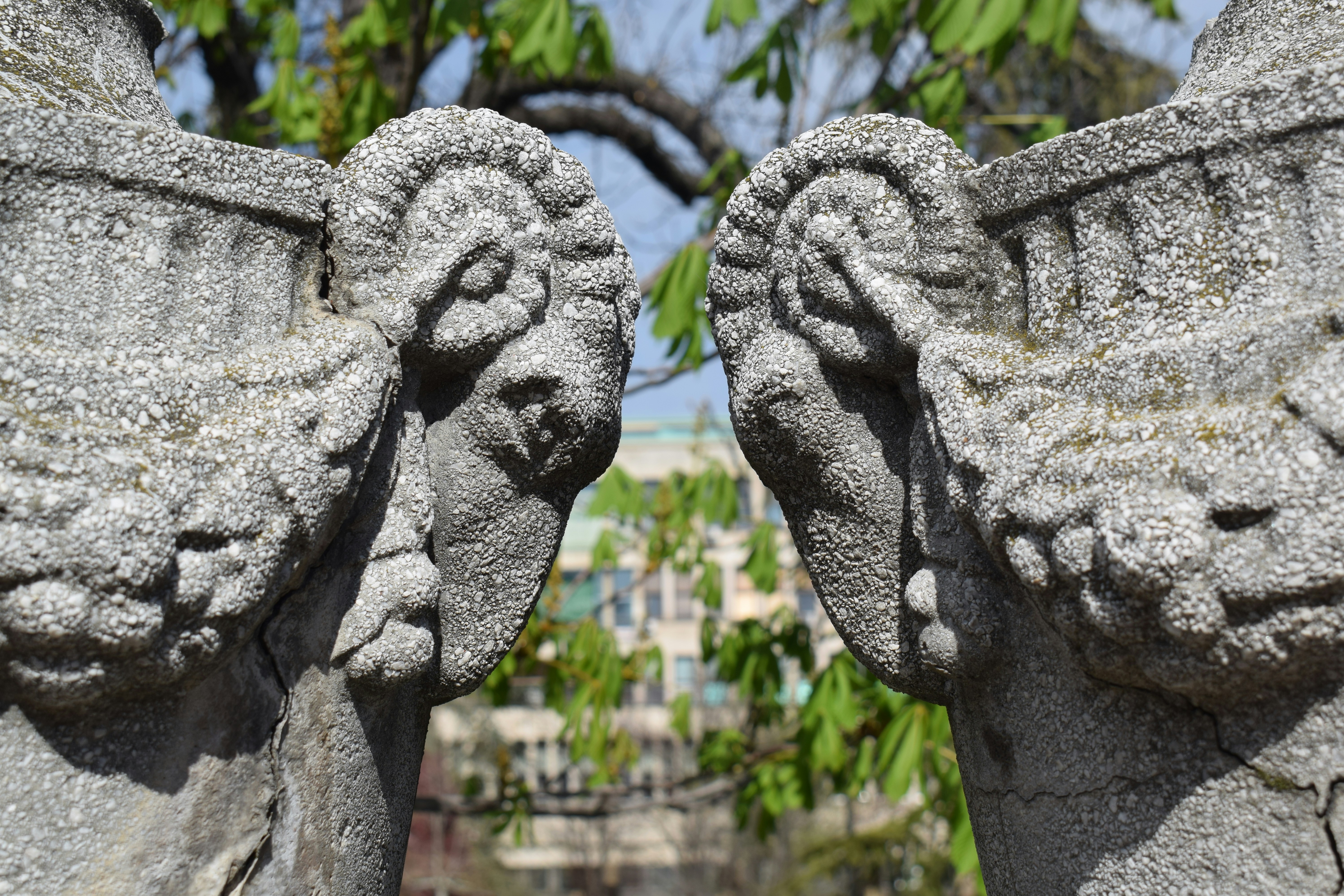 A close up of two stone statues with trees in the background photo ...